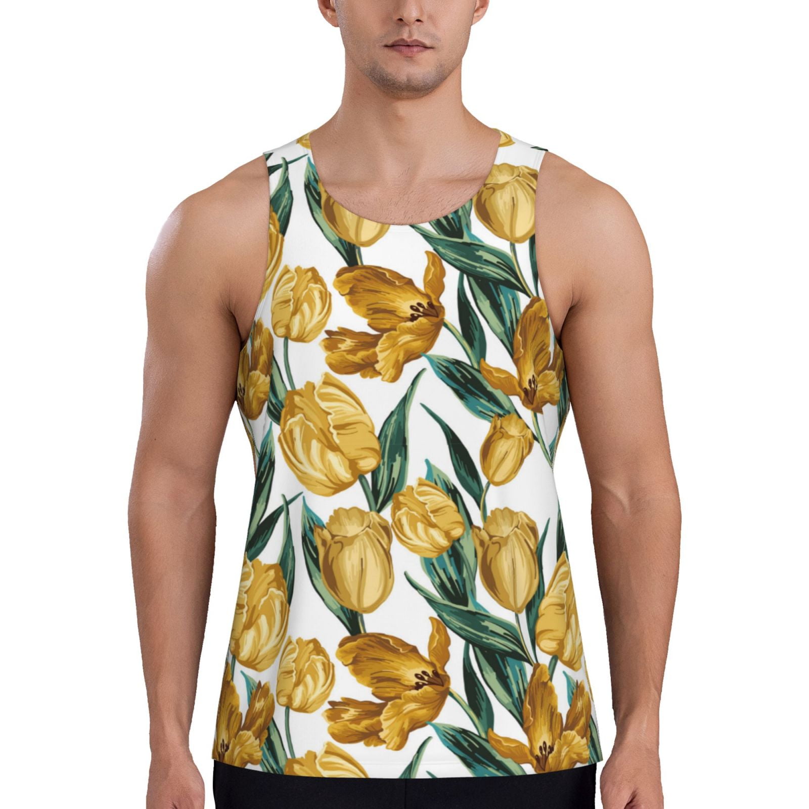 Balery Yellow Tulips Pattern Men's Workout Tank Top Gym Muscle Tee ...