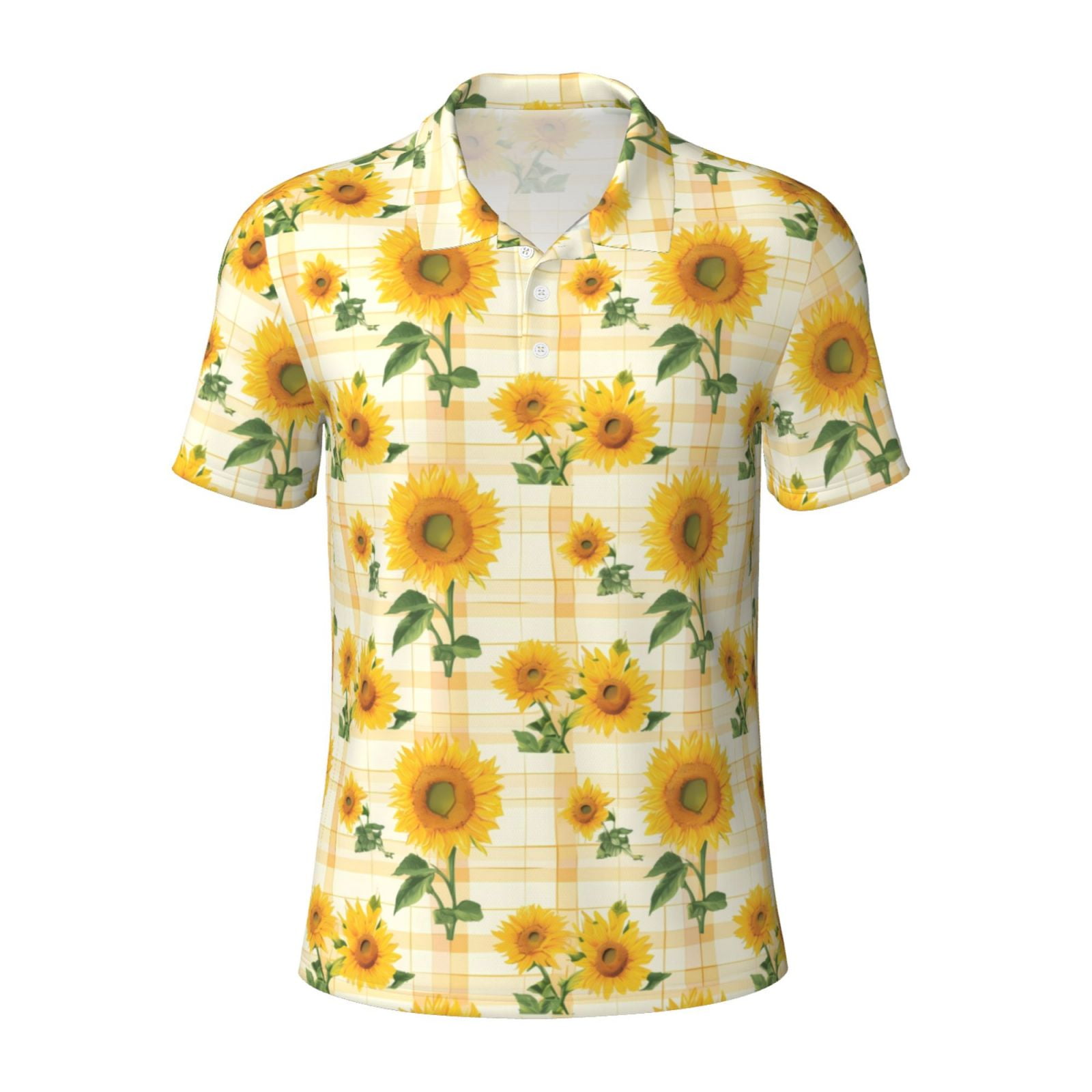 Balery Yellow White Plaid Sunflower Printed Men’s Short Sleeve Polo ...