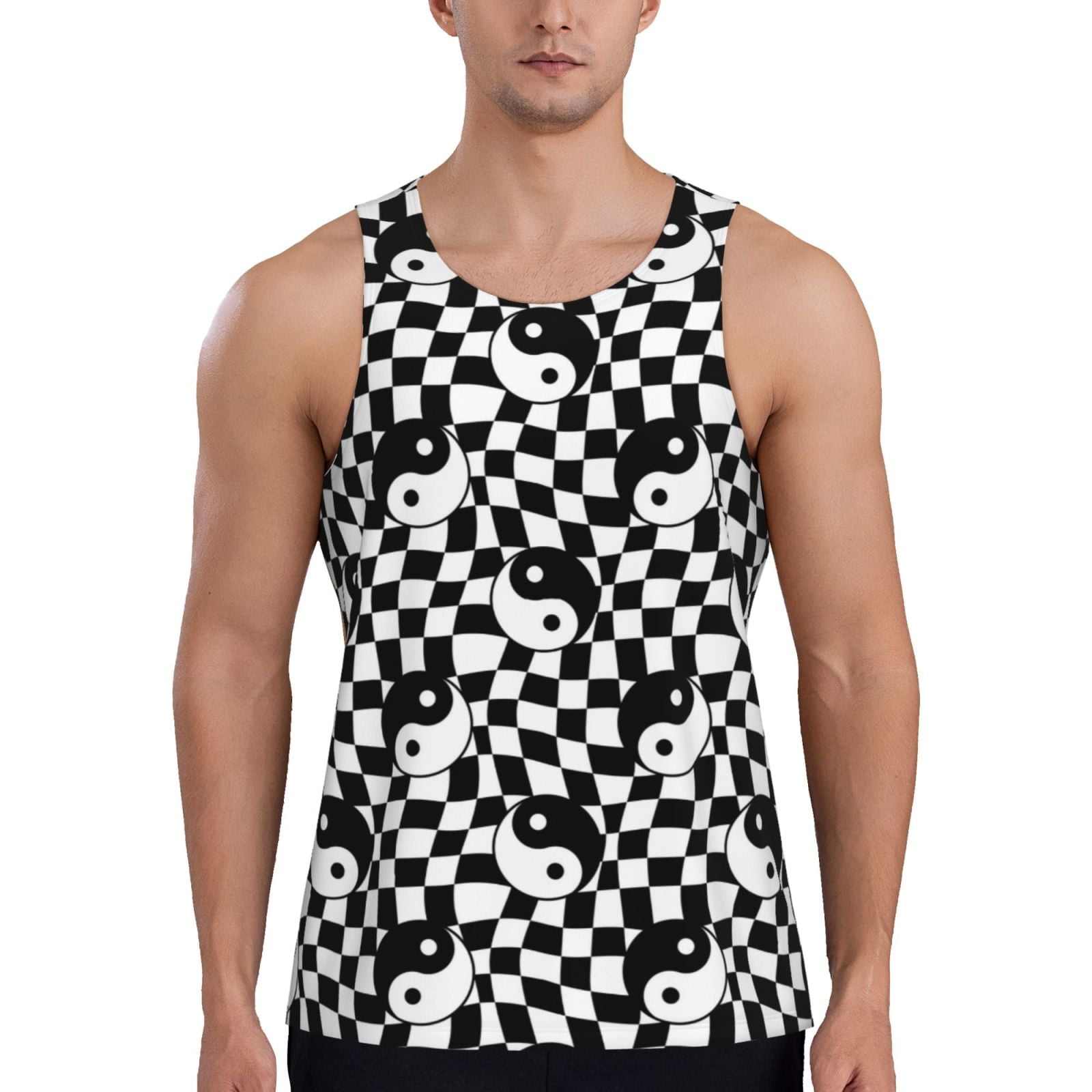 Balery Ying Yang Checkered Pattern Men's Workout Tank Top Gym Muscle ...
