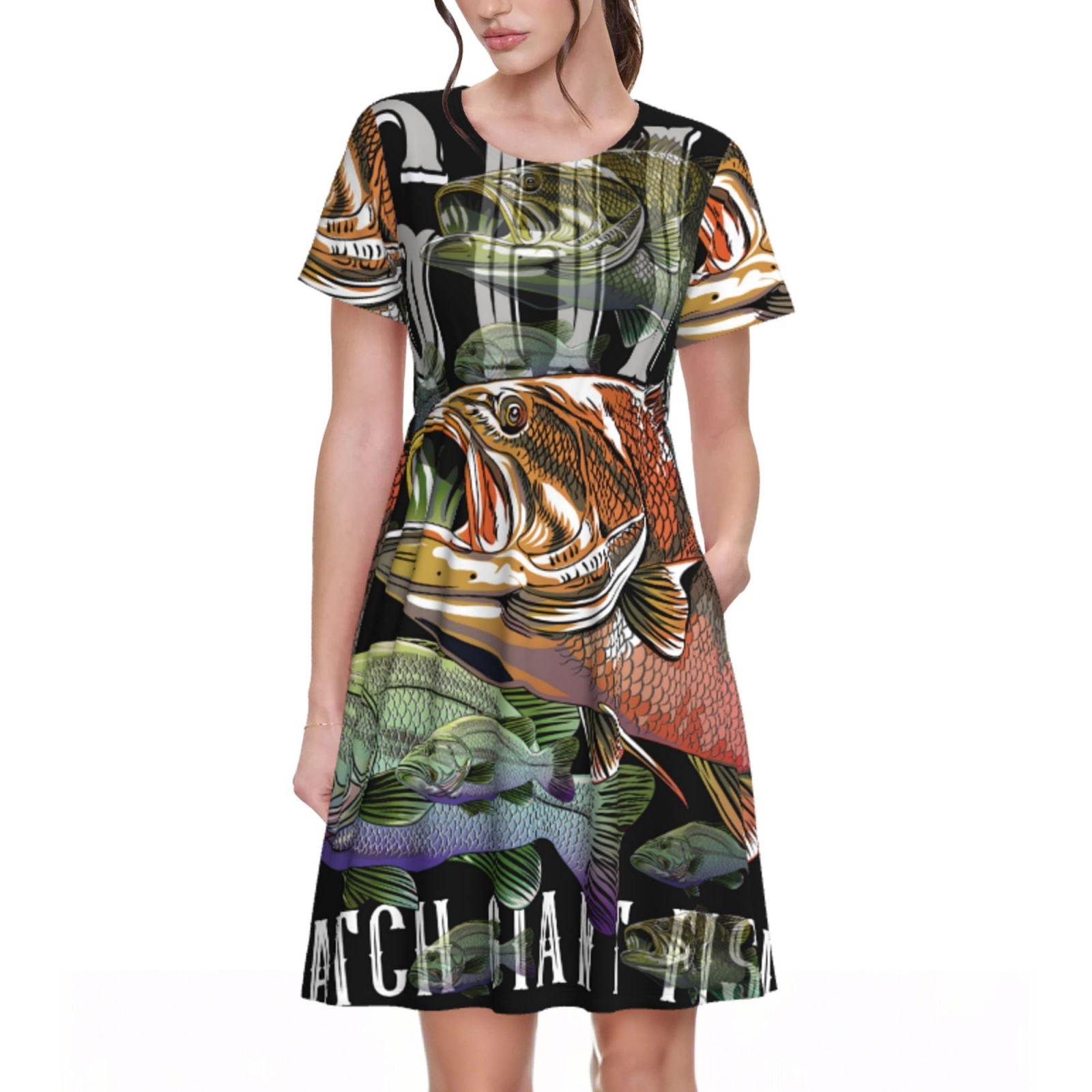 Balery bass water fishing Pattern Womens Dresses Loose Short sleeve ...