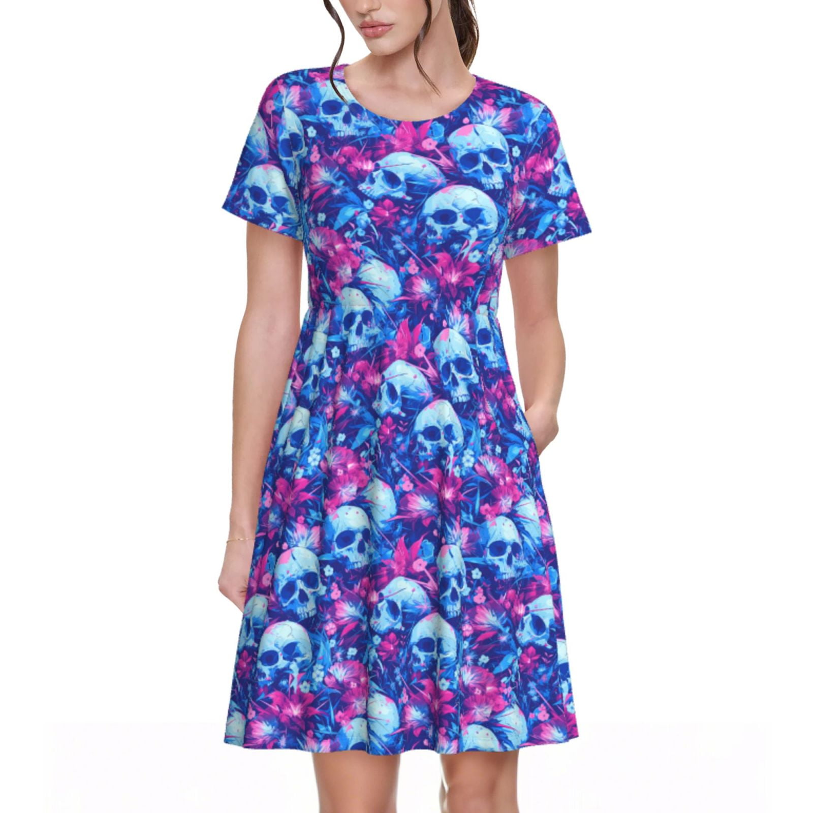 Balery blue Skull purple flower Pattern Womens Dresses Loose Short ...