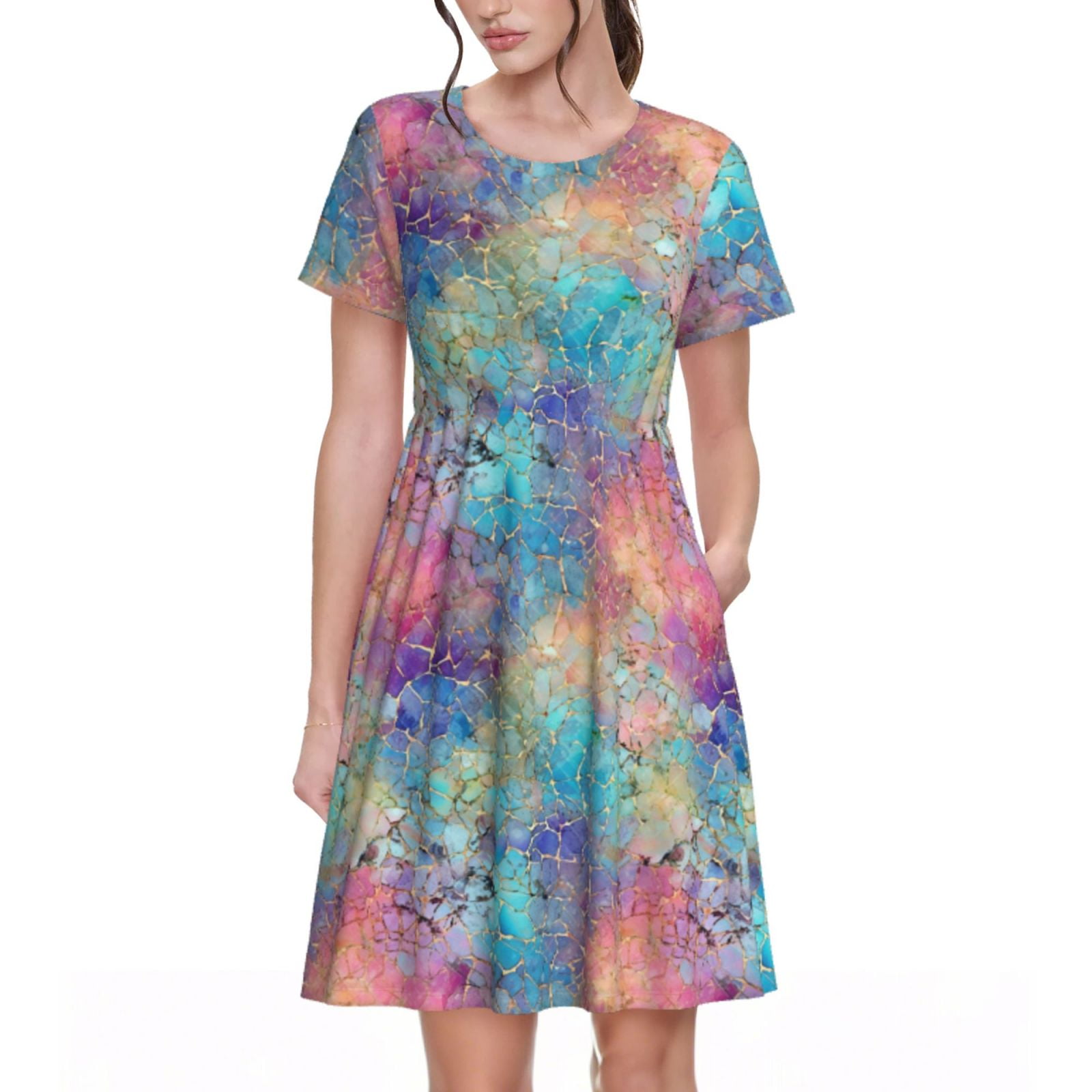 Balery blue pink colorful cracked texture Pattern Womens Dresses Loose ...