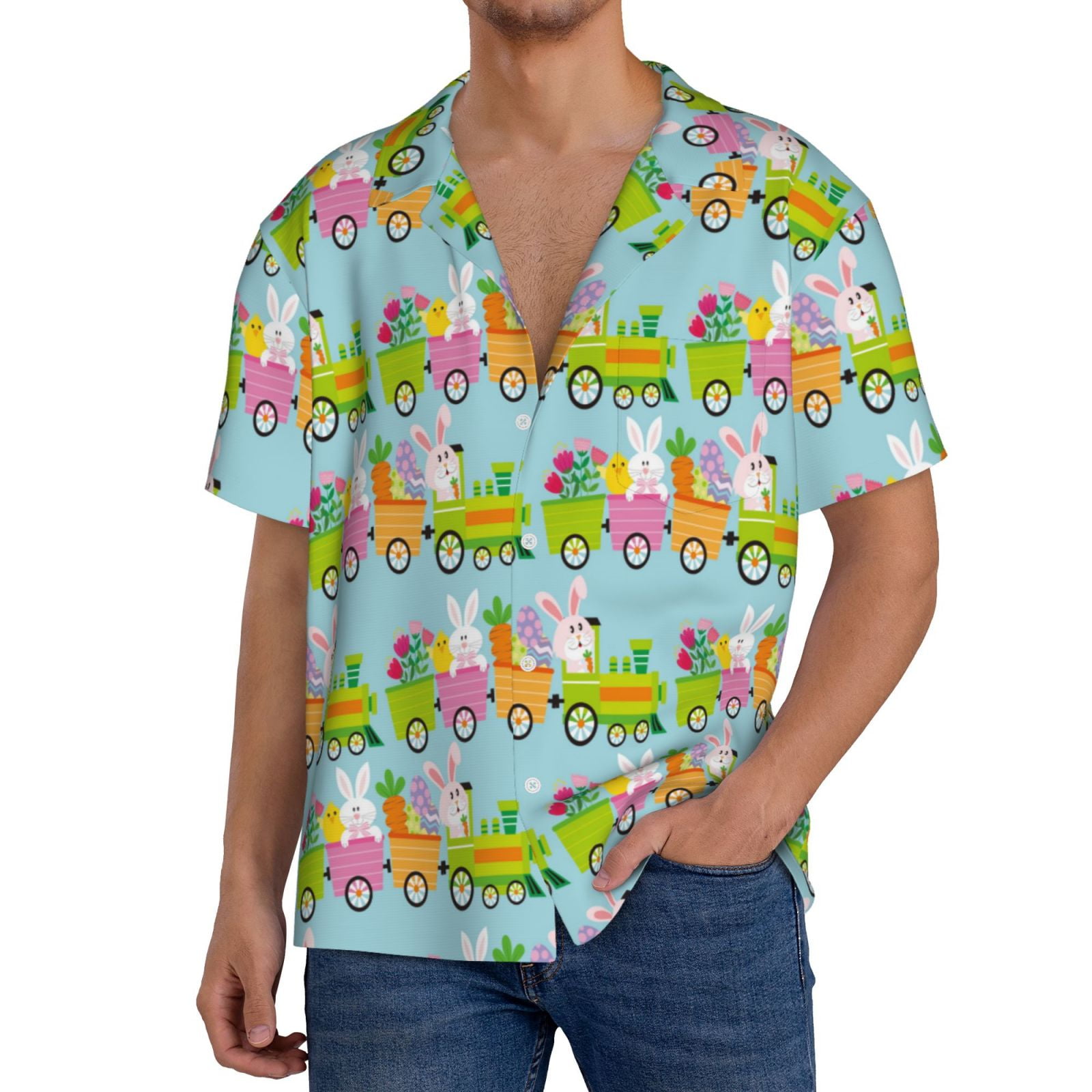 Balery bunnies and chicks on a train Pattern Men's Casual Button Down ...