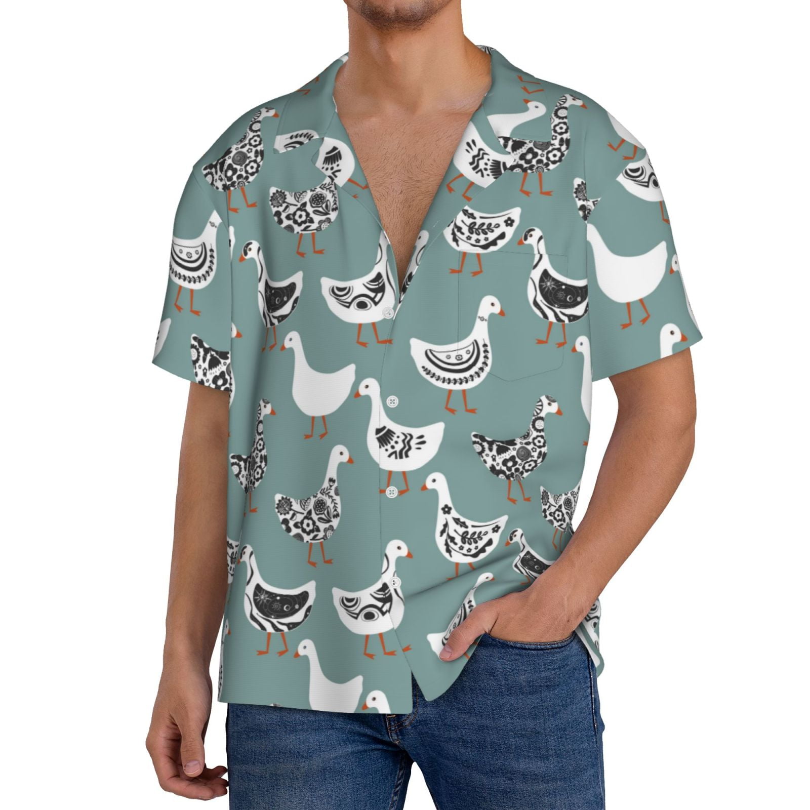 Balery cartoon geese Pattern Men's Casual Button Down Shirt Short ...