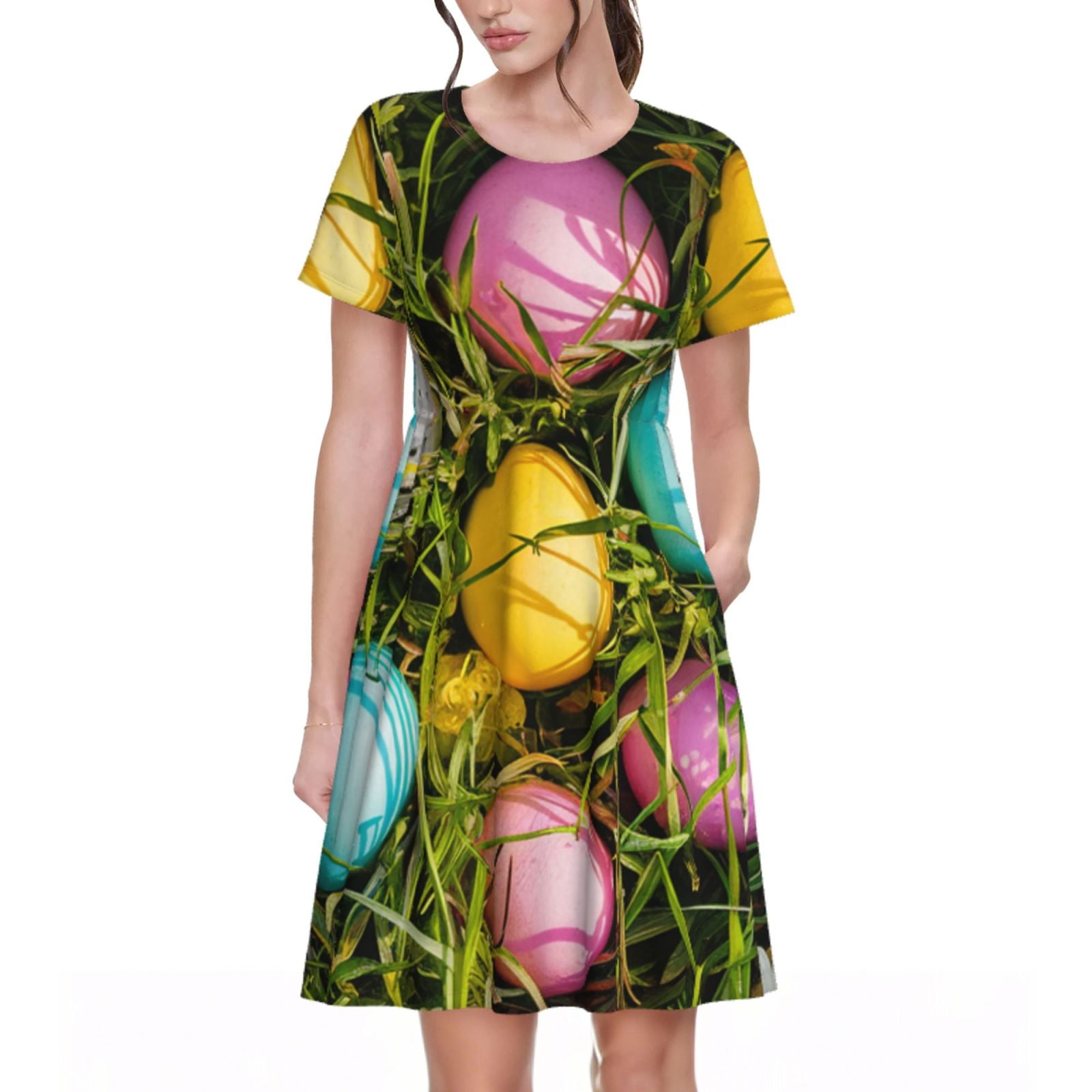 Balery colorful Easter eggs Pattern Womens Dresses Loose Short sleeve Sundresses Swimsuit ...