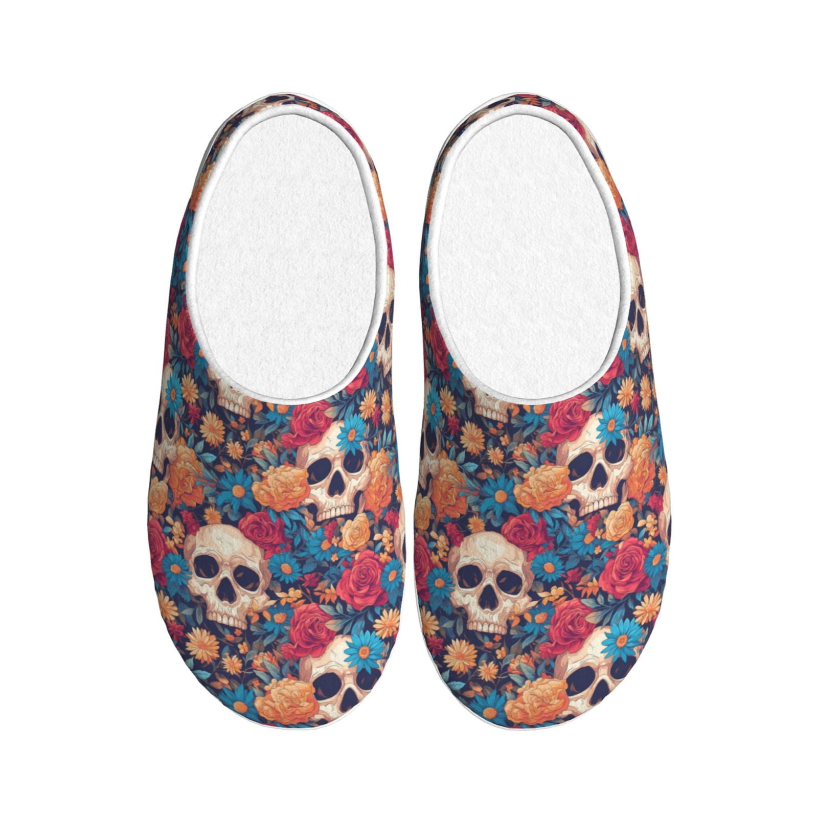 Balery colorful Skull rose Pattern Women's Fuzzy Memory Foam Slippers ...