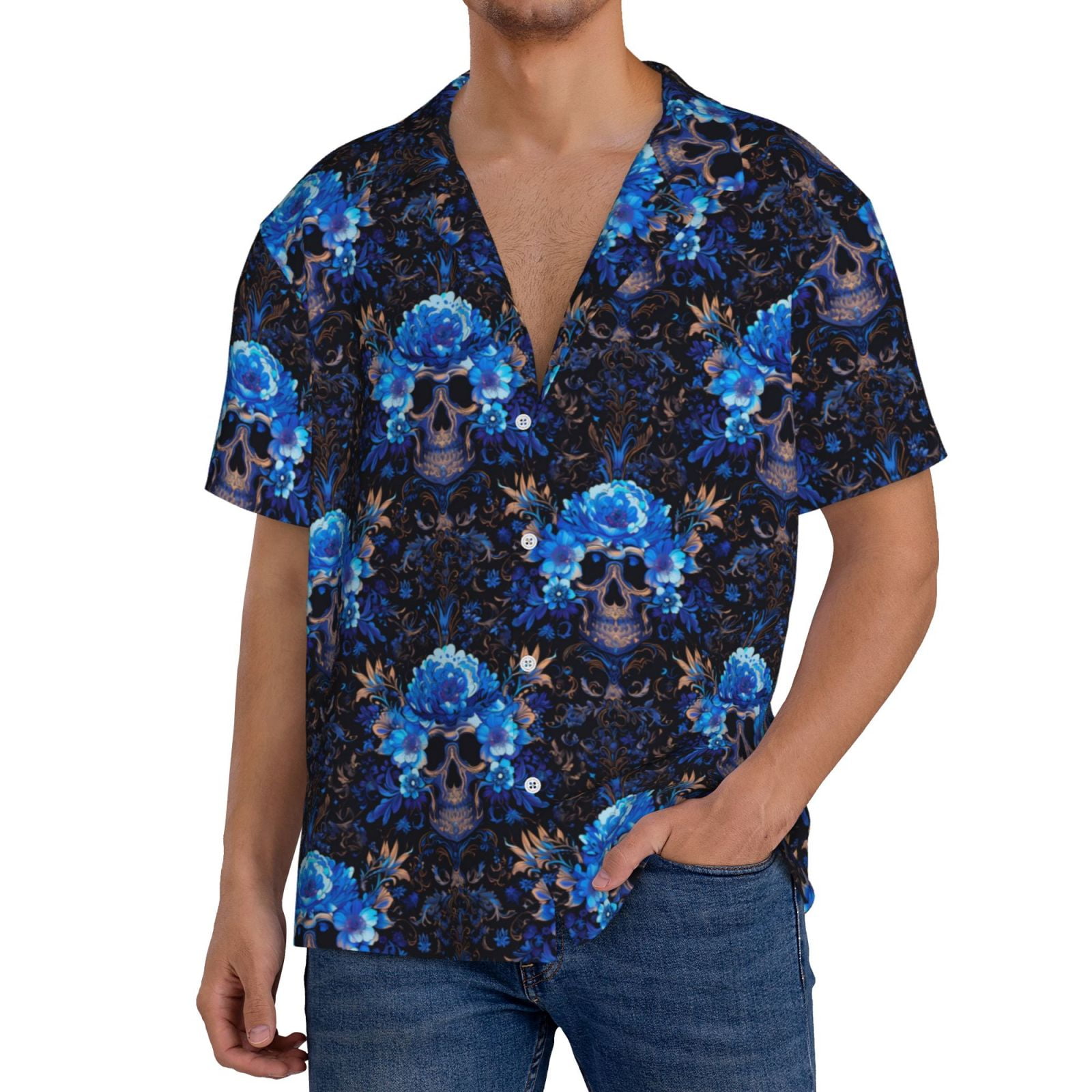 Balery cool blue flower Skull Men's Casual Button Down Shirt Short ...