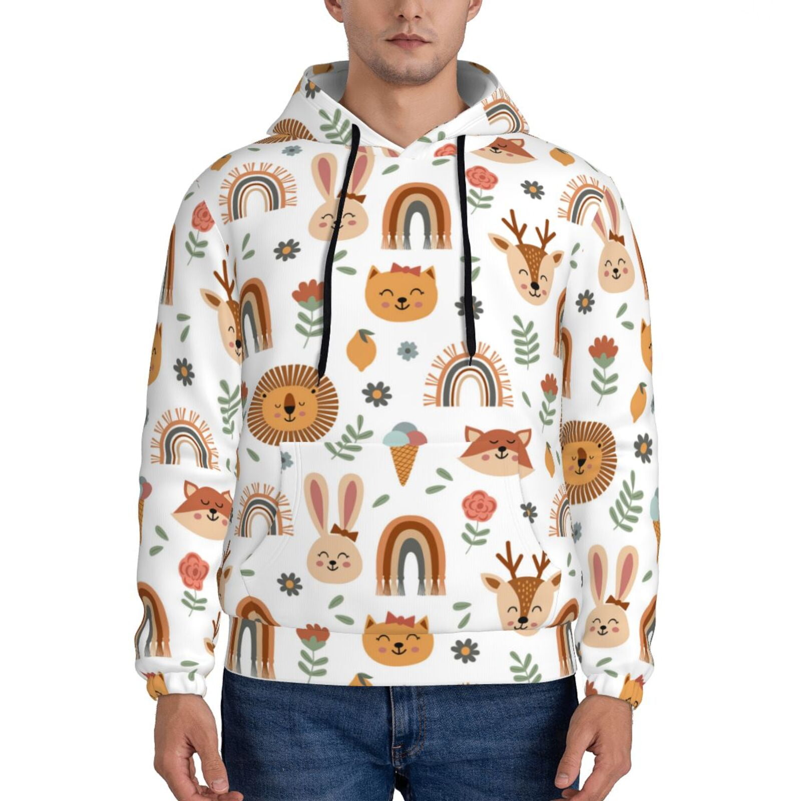 Balery cute Rainbow Animal Pattern Mens Hoodie Kangaroo Pocket Hoodie ...
