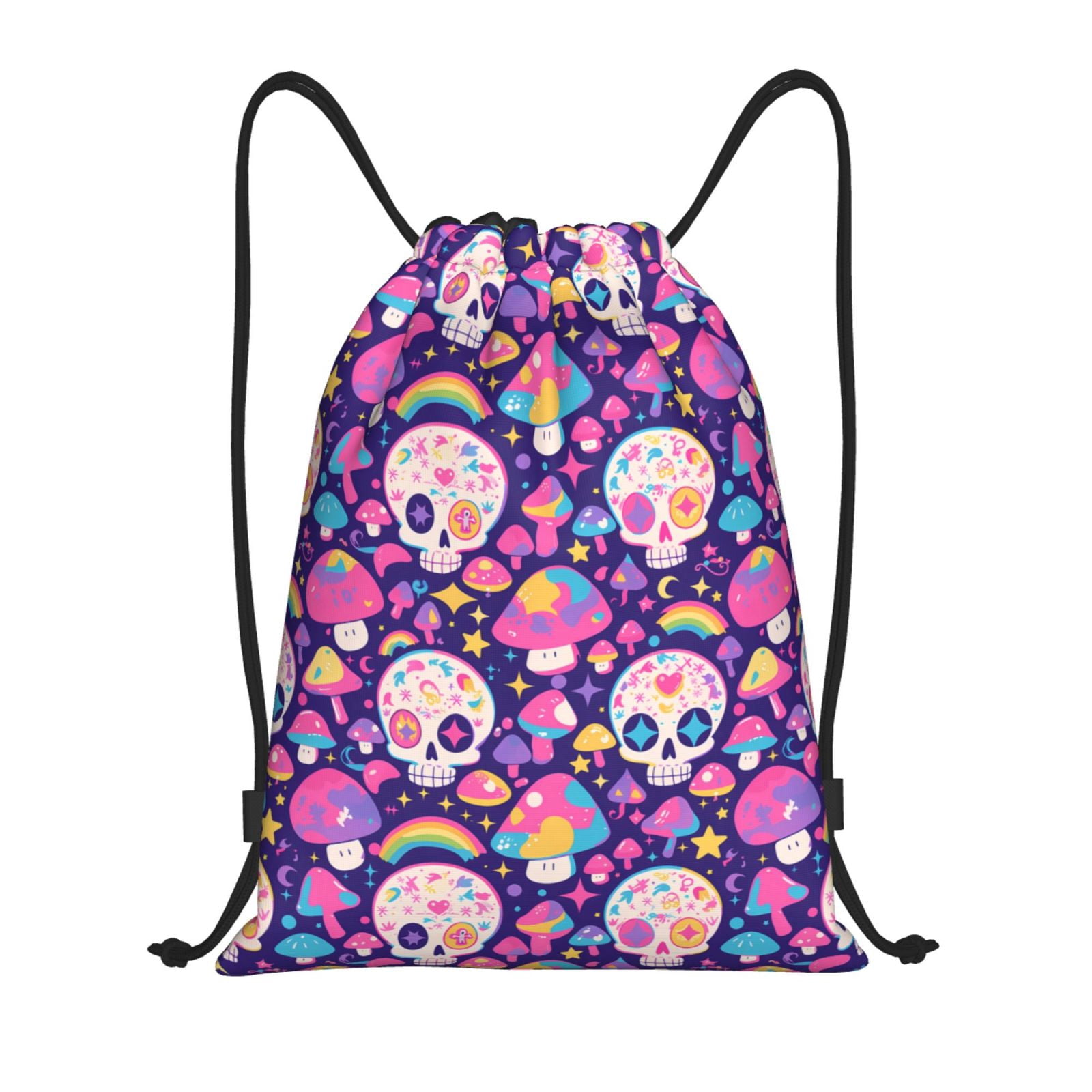 Balery cute rainbow mushroom Skull Pattern Drawstring Backpack Bag ...