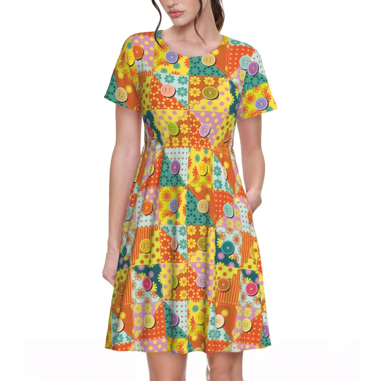 Balery different patchwork Pattern Womens Dresses Loose Short sleeve ...