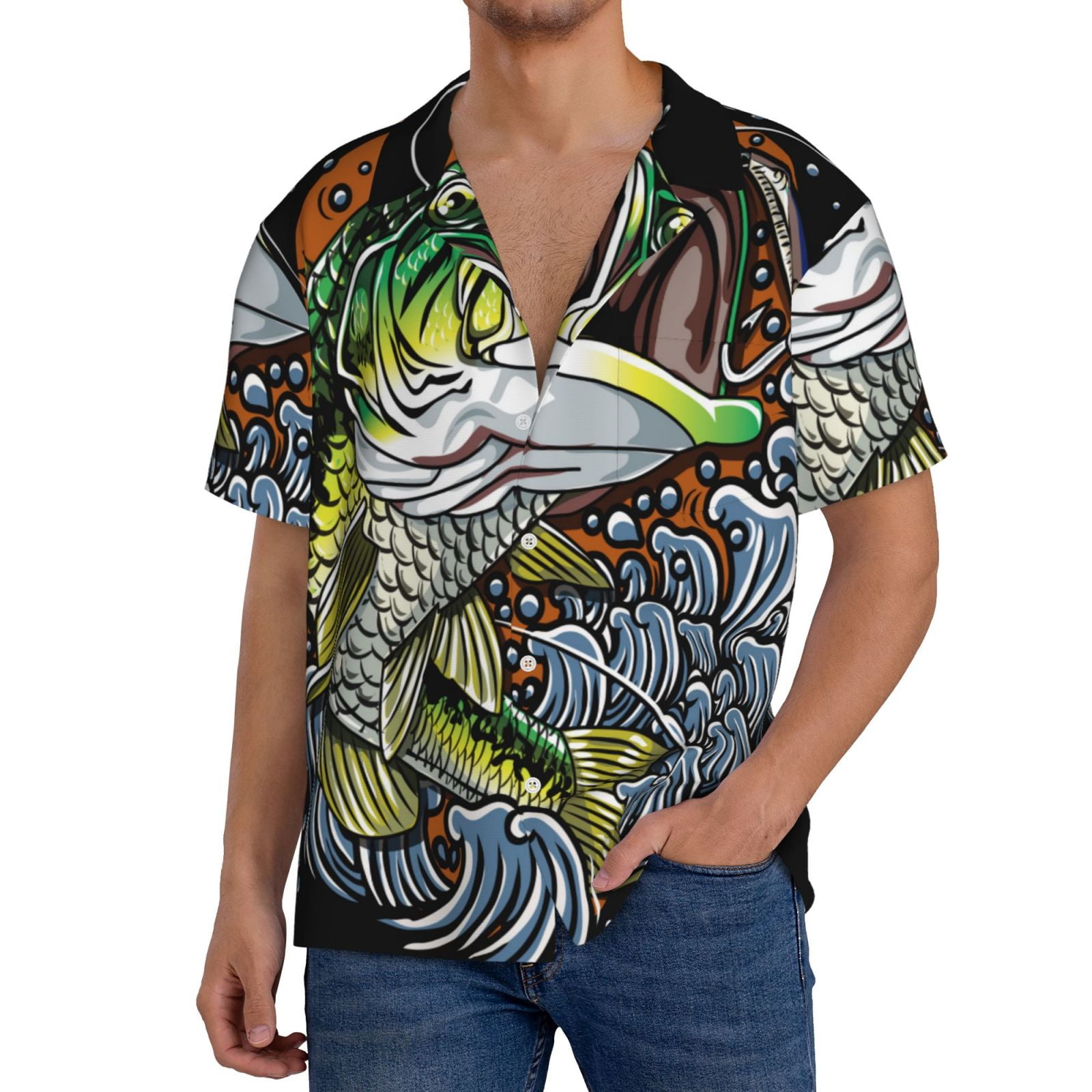 Balery fishing bass Pattern Men's Casual Button Down Shirt Short Sleeve ...