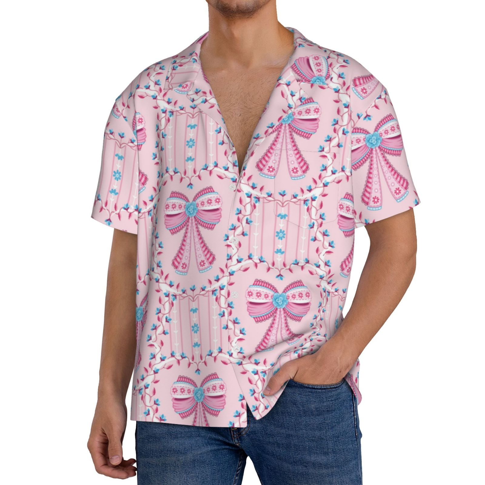 Balery pink bows Pattern Men's Casual Button Down Shirt Short Sleeve ...