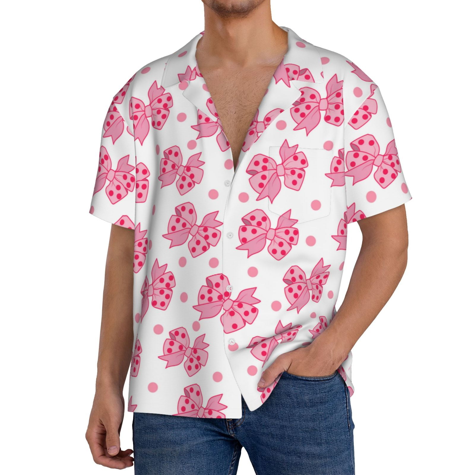 Balery pink polka dot bows Pattern Men's Casual Button Down Shirt Short ...