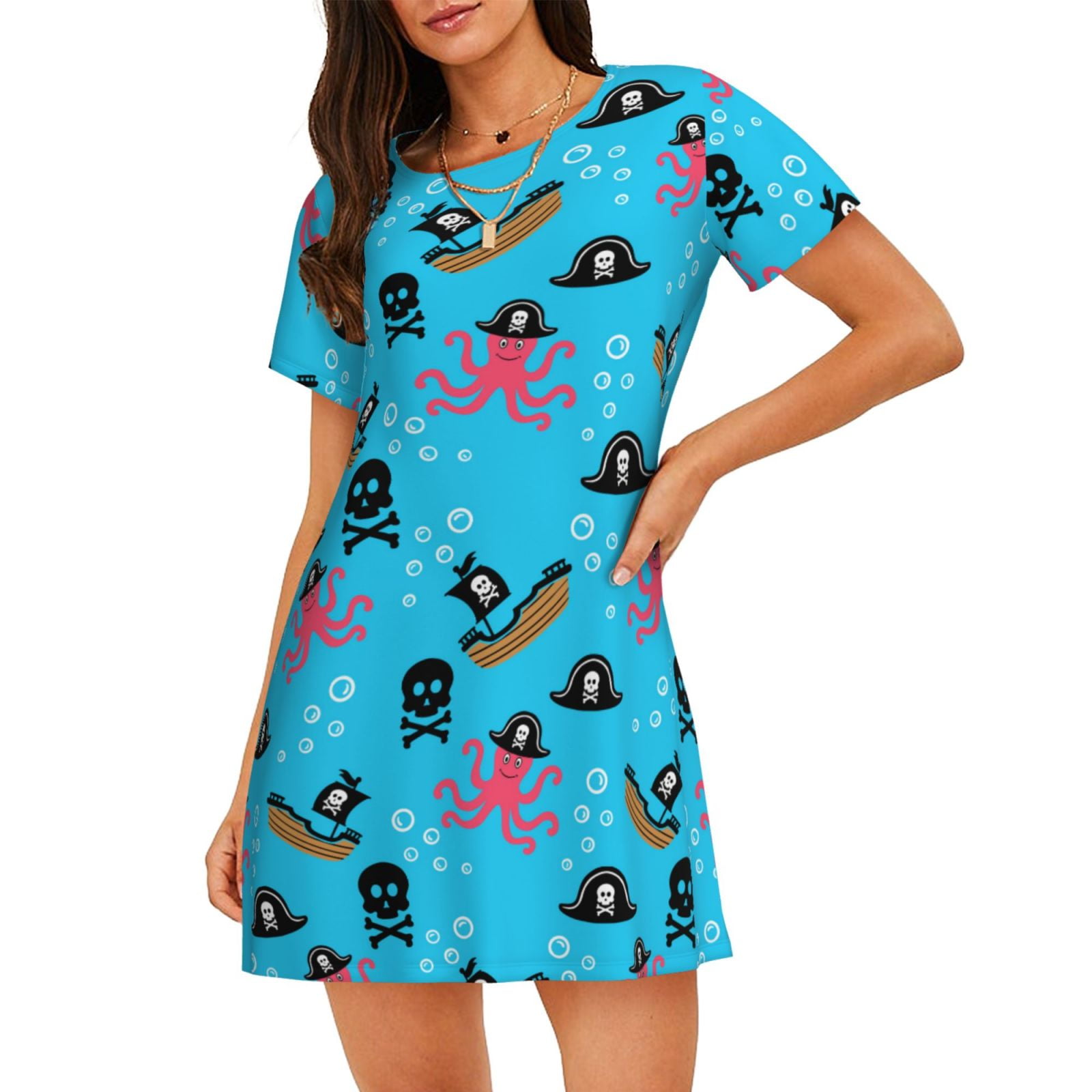 Balery pirate Octopus Pattern Womens Short Sleeve Sleepshirt Scoopneck ...