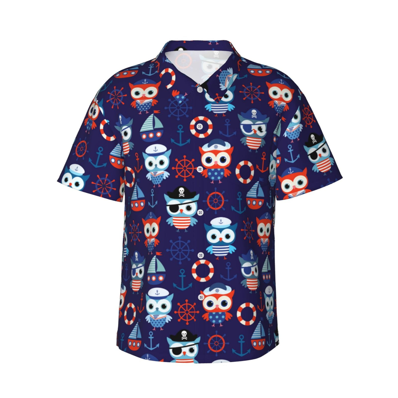 Balery pirate owls and boats Print Men's Hawaiian Shirts Short Sleeve ...