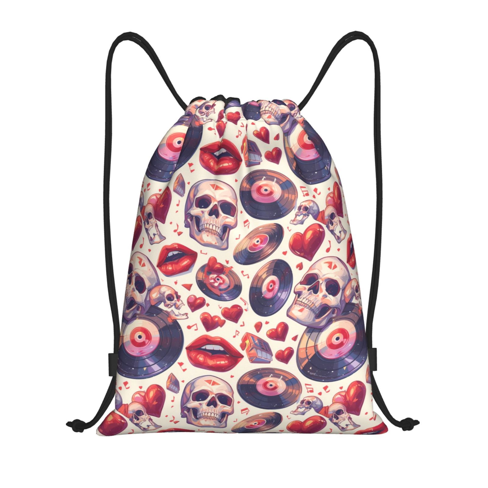 Balery record rock Skull lips Pattern Drawstring Backpack Bag Sport Gym ...