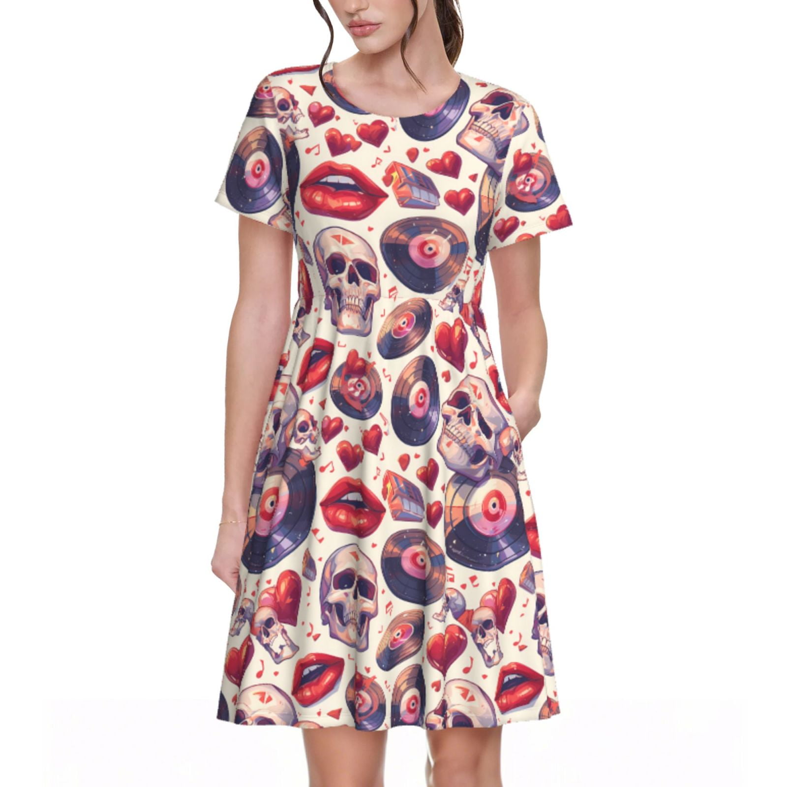 Balery record rock Skull lips Pattern Womens Dresses Loose Short sleeve ...