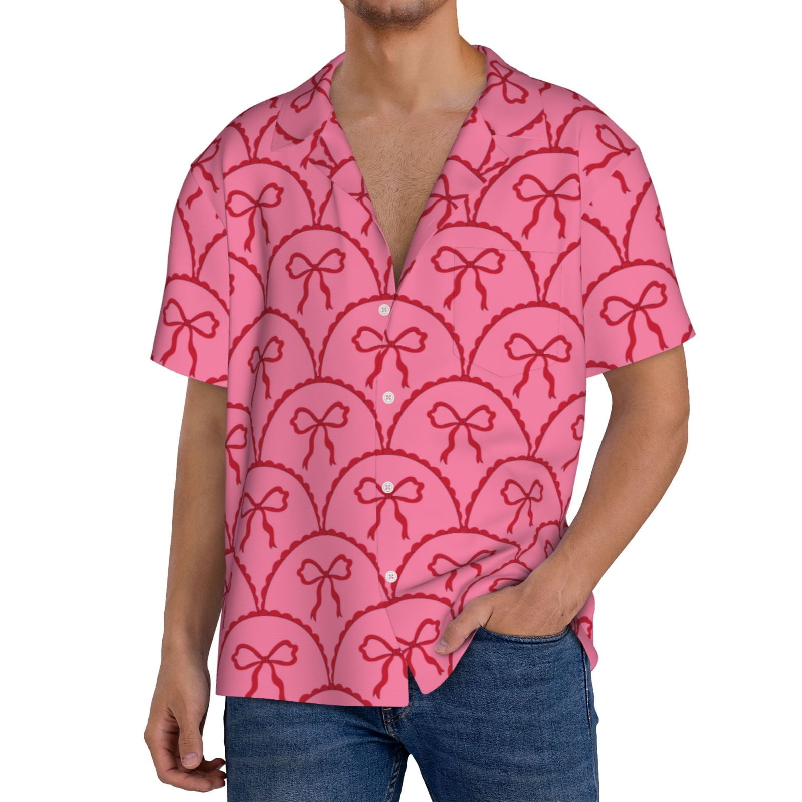 Balery red bows Pattern Men's Casual Button Down Shirt Short Sleeve ...