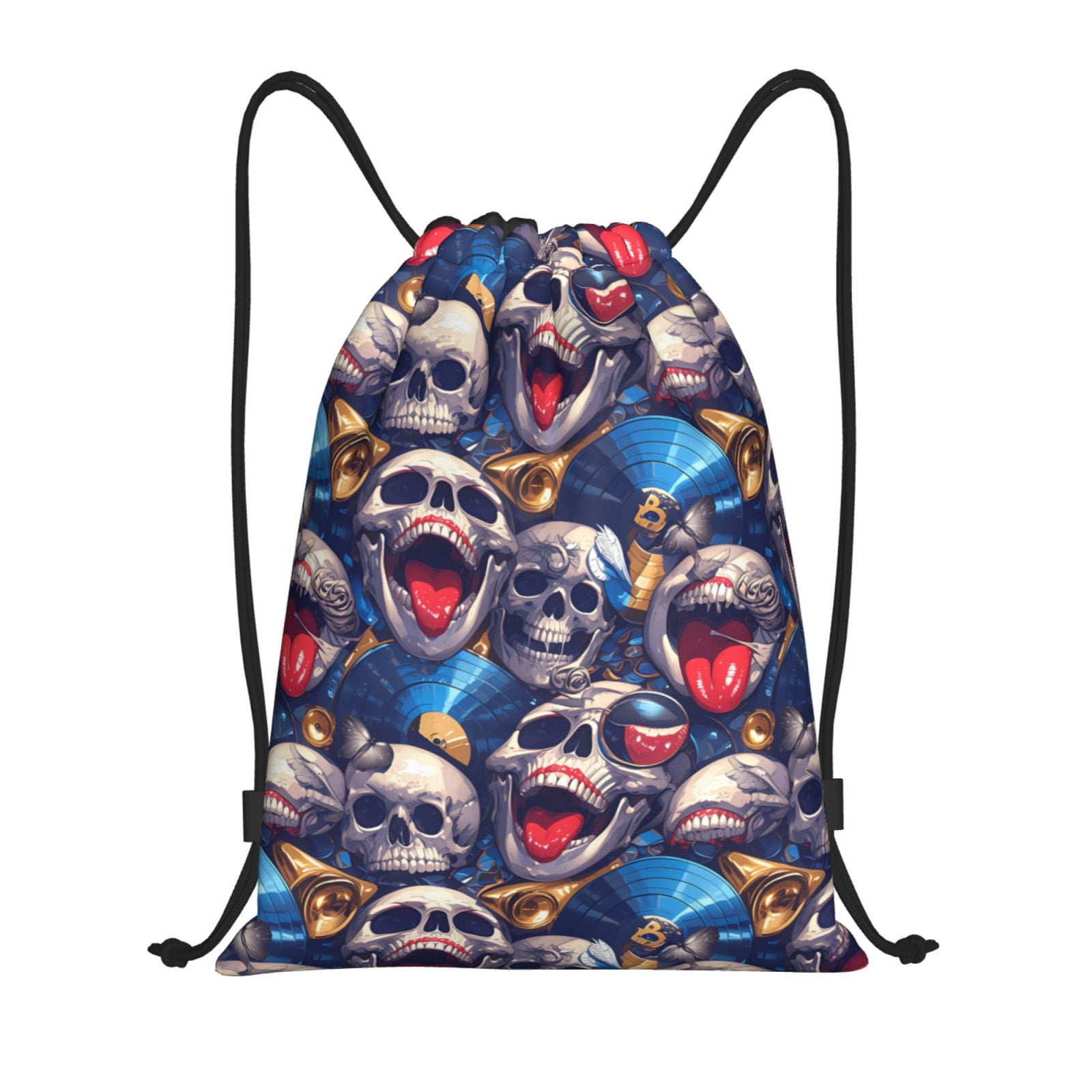 Balery rock Skull blue record Pattern Drawstring Backpack Bag Sport Gym ...