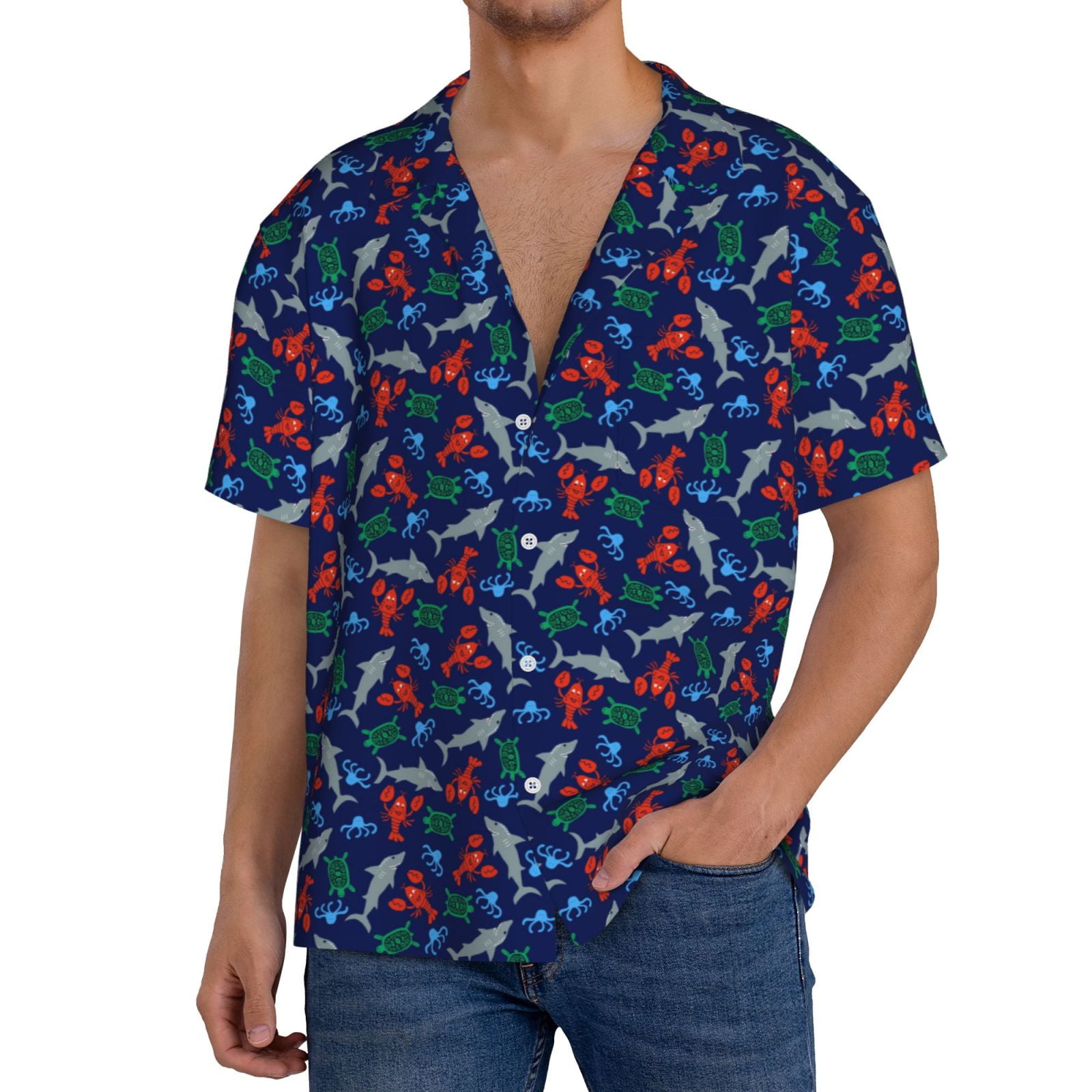Balery sharks turtles Pattern Men's Casual Button Down Shirt Short ...