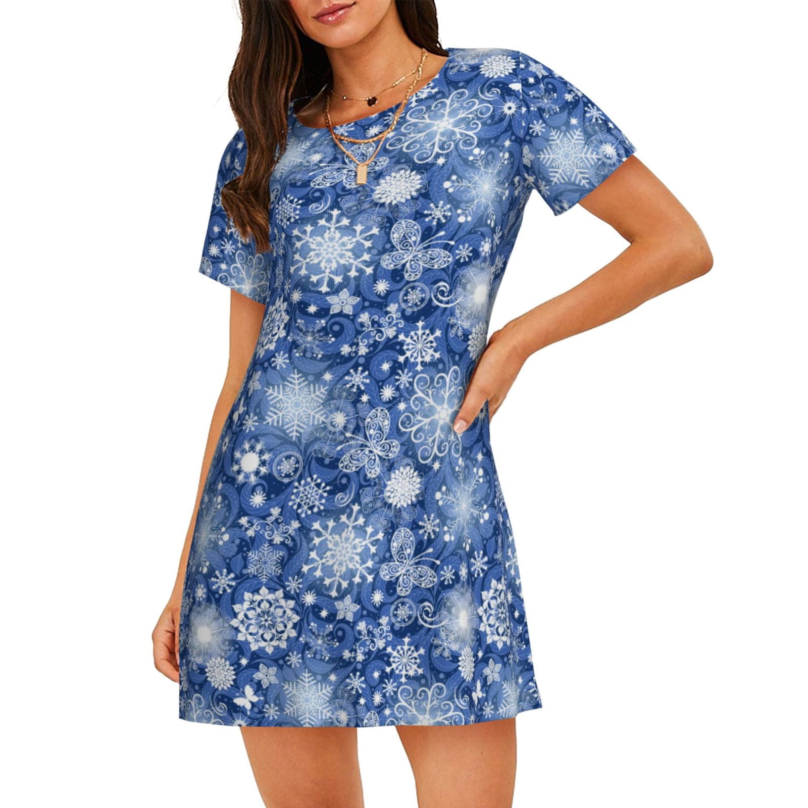 Balery whiet Snowflake blue background Pattern Womens Short Sleeve ...