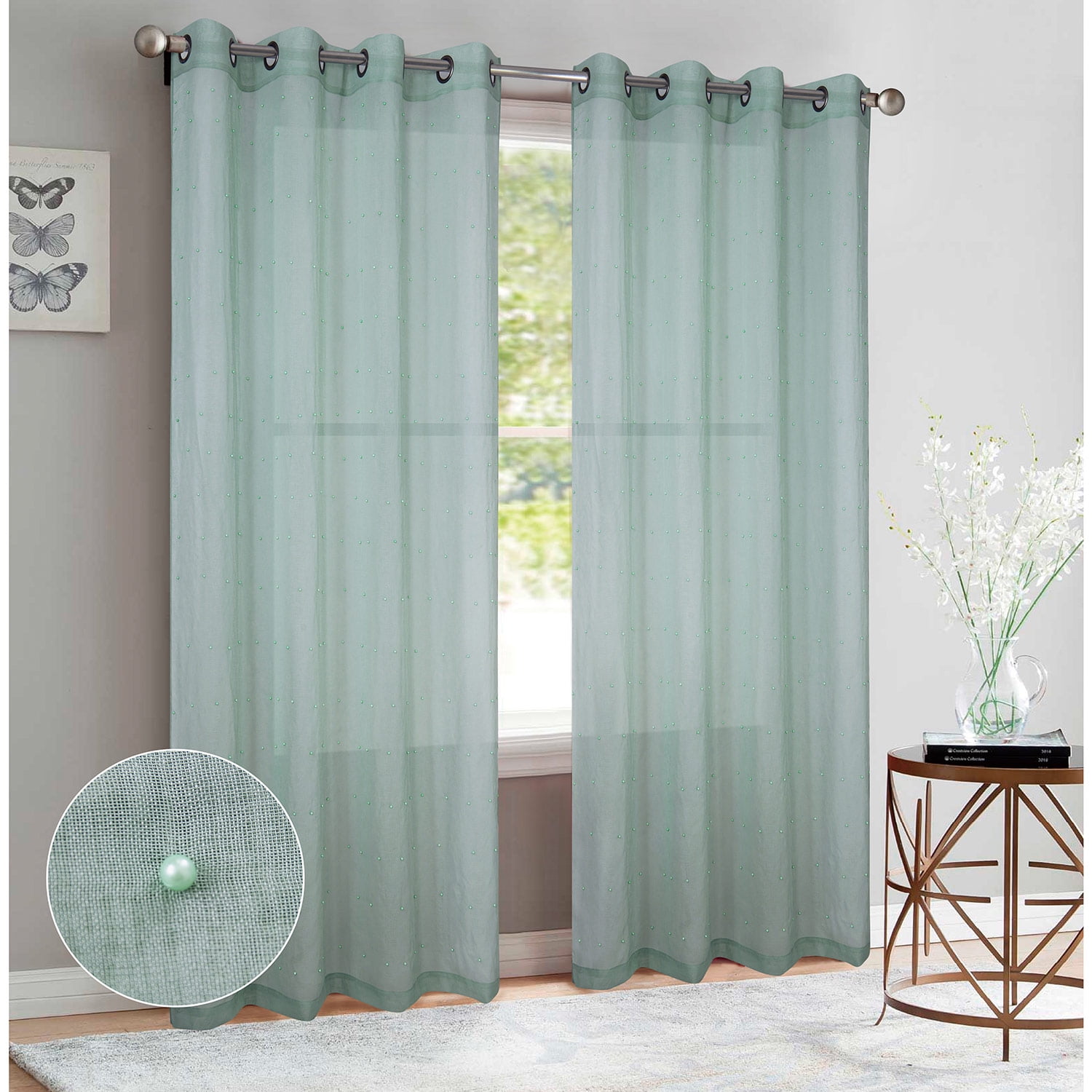 Bali 2-Pack Sheer Grommet Window Panels with Pearls, Sage, 76x95 Inches ...