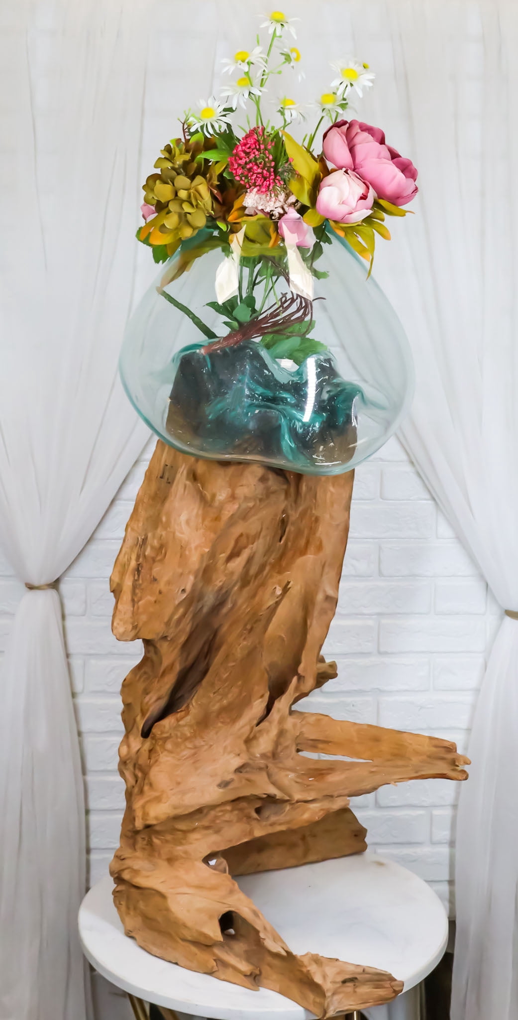 Bali Handicraft Natural Gamal Driftwood With Large Molten Glass Bowl ...