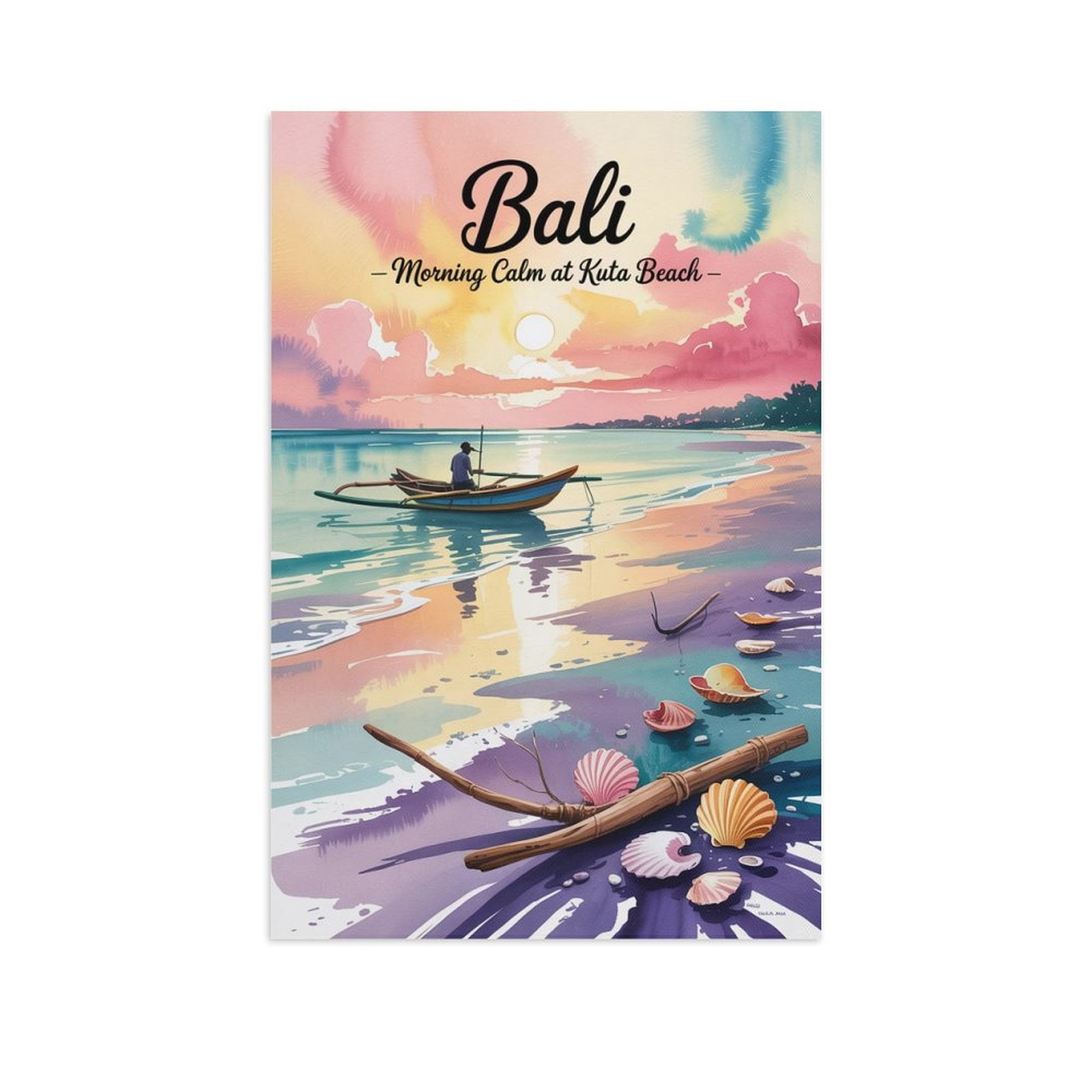 Bali Kuta Beach Watercolor Travel Poster Morning Calm Coastal Ocean ...