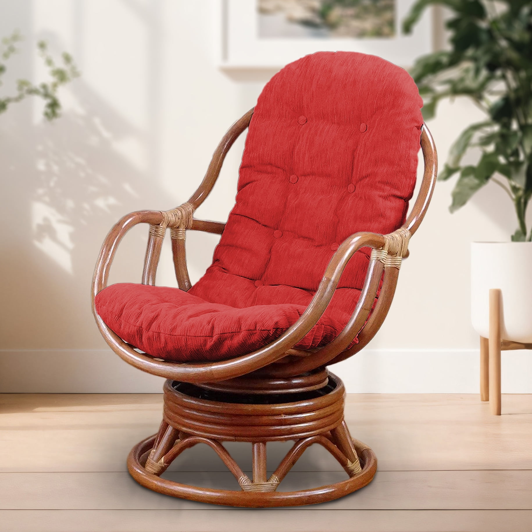 Bali Lounge Swivel Rocking Chair with Burgundy Cushion Natural Rattan ...