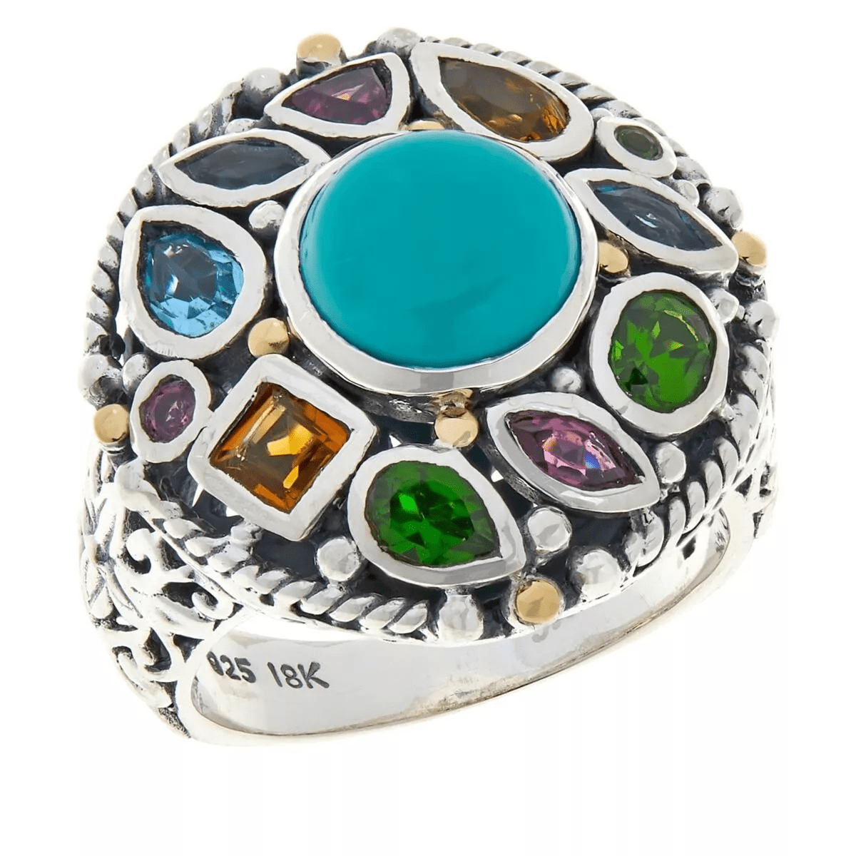 Bali RoManse Sterling Silver Turquoise and MultiGemstone Round Ring ...