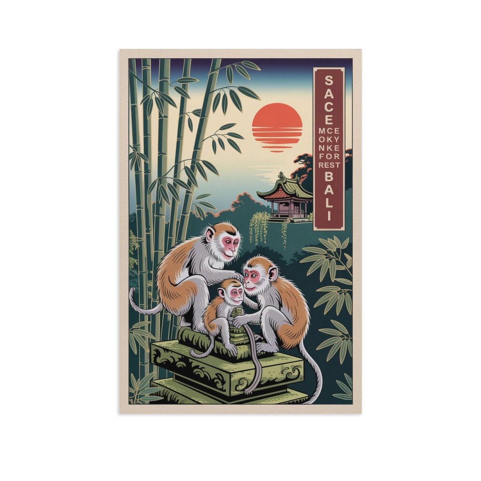Bali Sacred Monkey Forest Sanctuary Japanese Ukiyo-e Poster Ubud Jungle ...