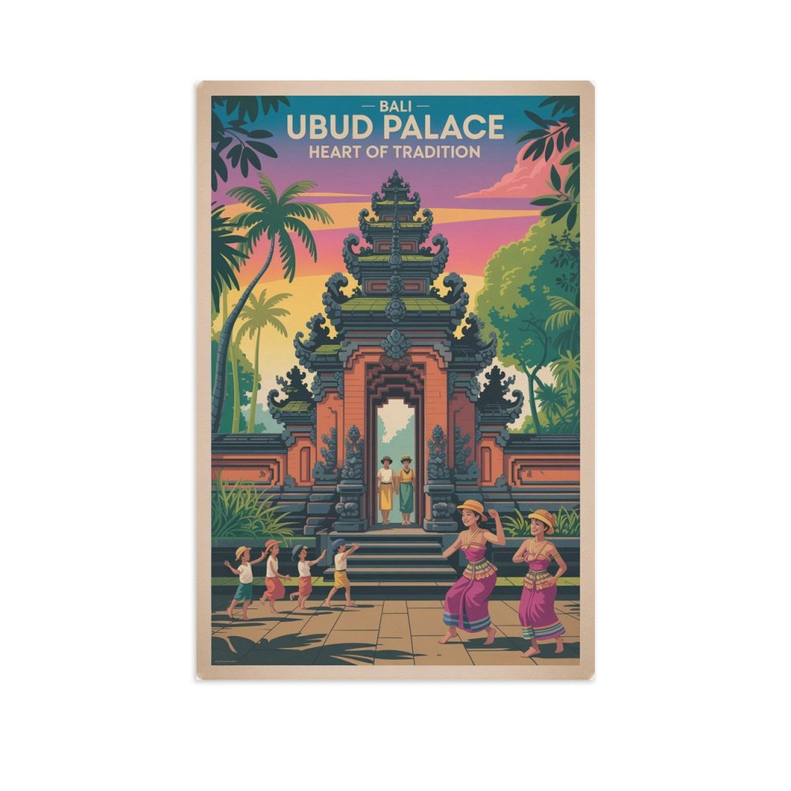 Bali Ubud Palace Retro 1970s Travel Poster Traditional Dance Courtyard ...