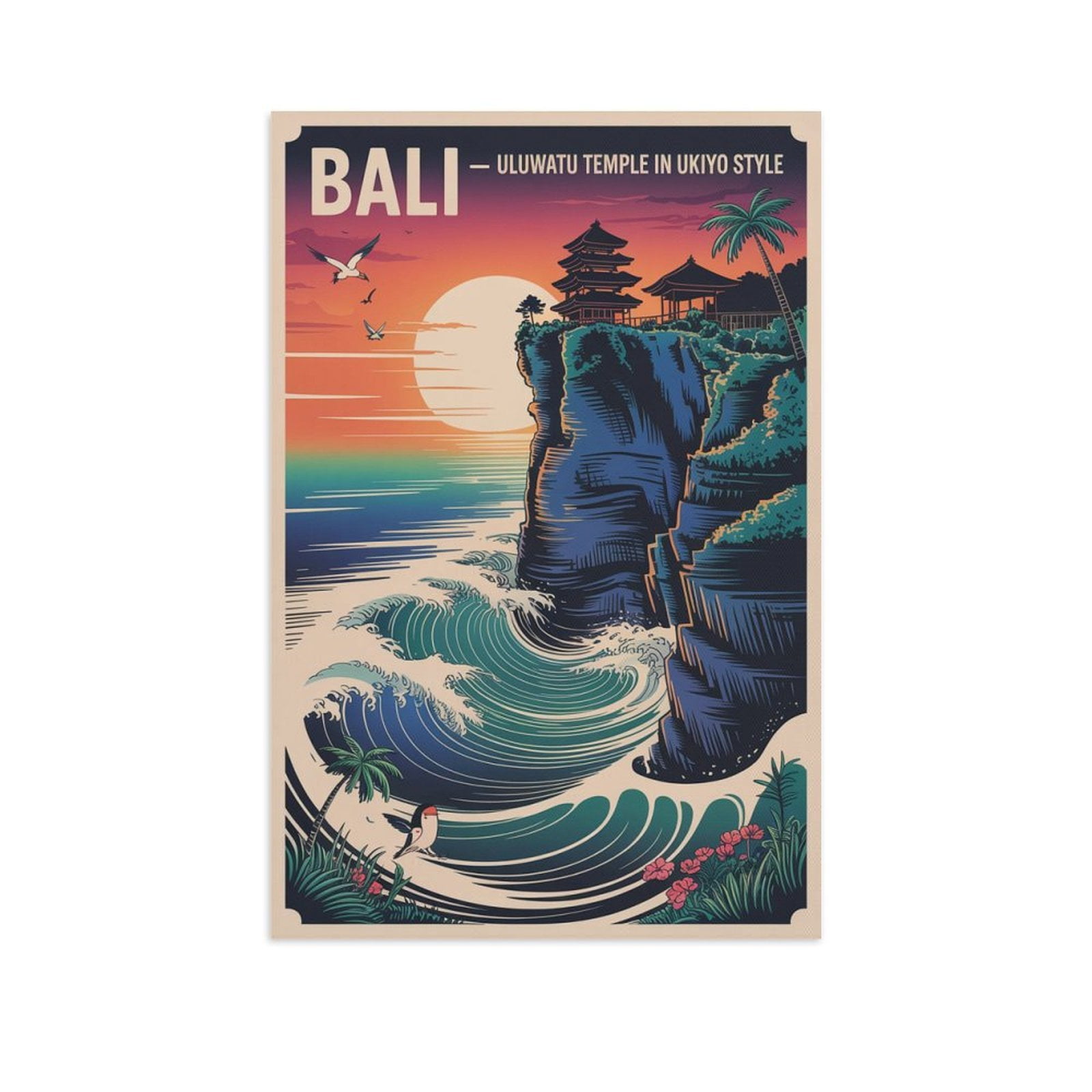 Bali Uluwatu Temple Ukiyo Style Japanese Inspired Travel Poster Ocean Waves Sunset Cliff ...