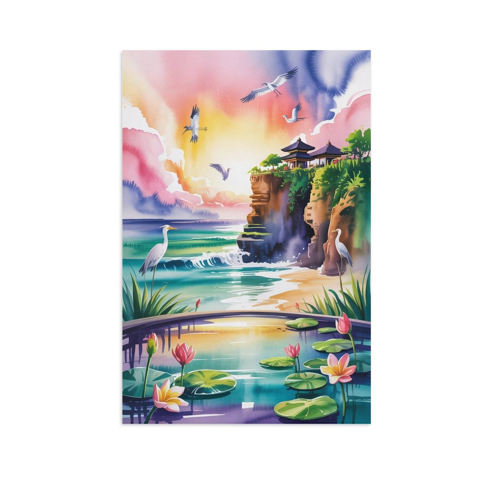 Bali Uluwatu Temple Watercolor Travel Poster Serenity Sunrise Ocean ...