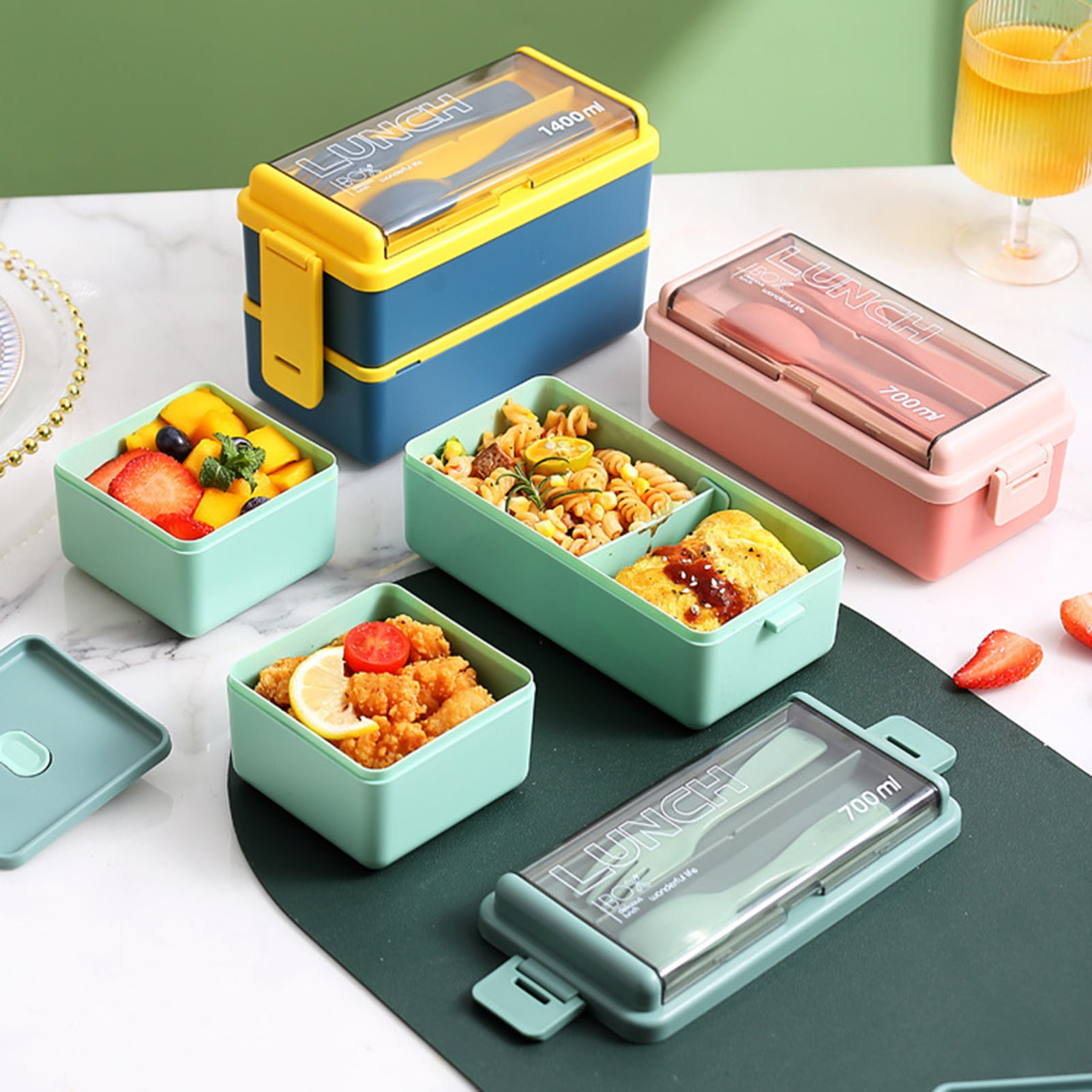 Balieda 47oz Lunch Box Double Plastic Bento Box Three Compartments ...