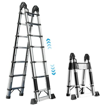 BOWEITI 8.5FT Telescopic Step Ladder, Stainless Steel, One-Button ...