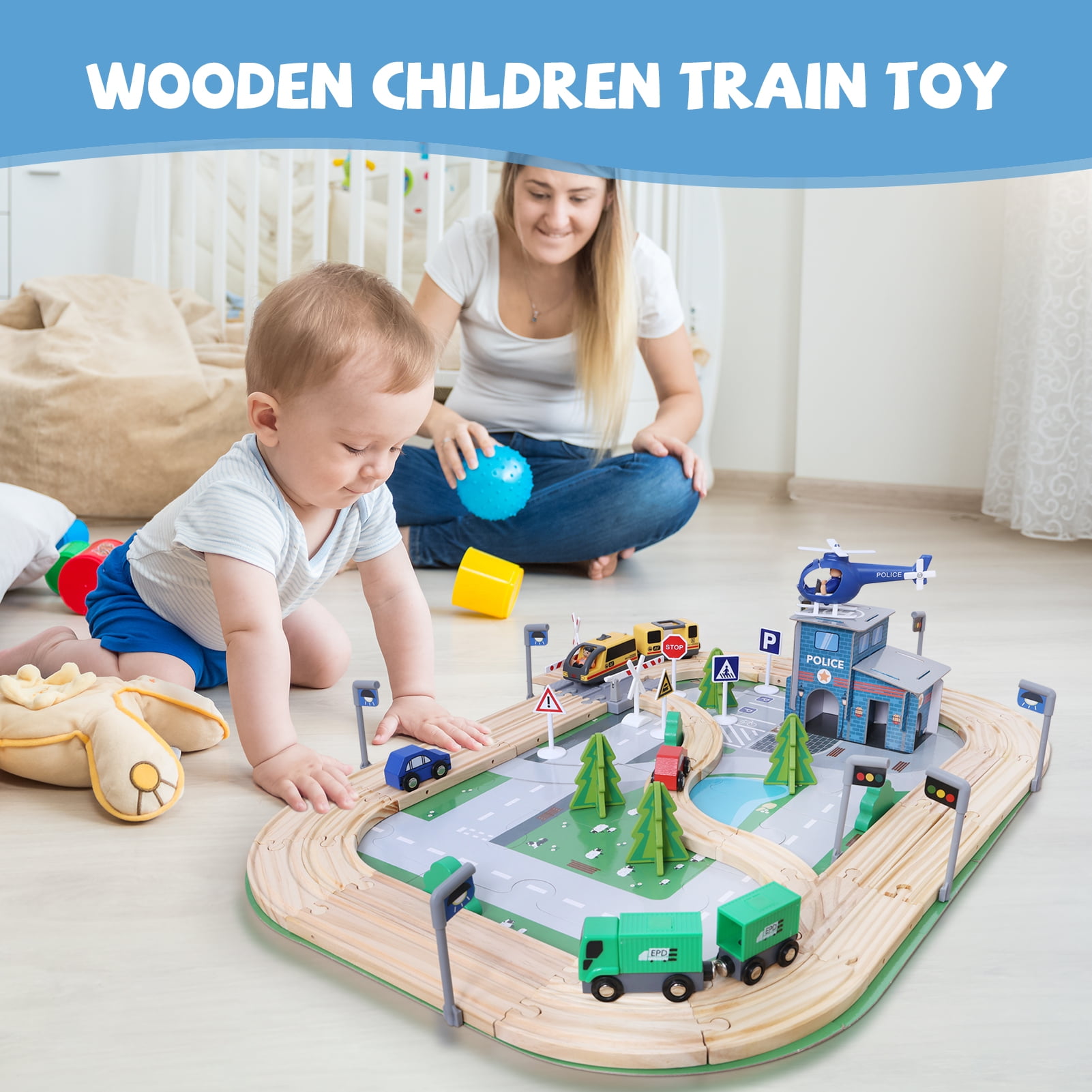 Balieda Wooden Train Set for Toddler, Train Track Set with Cars ...