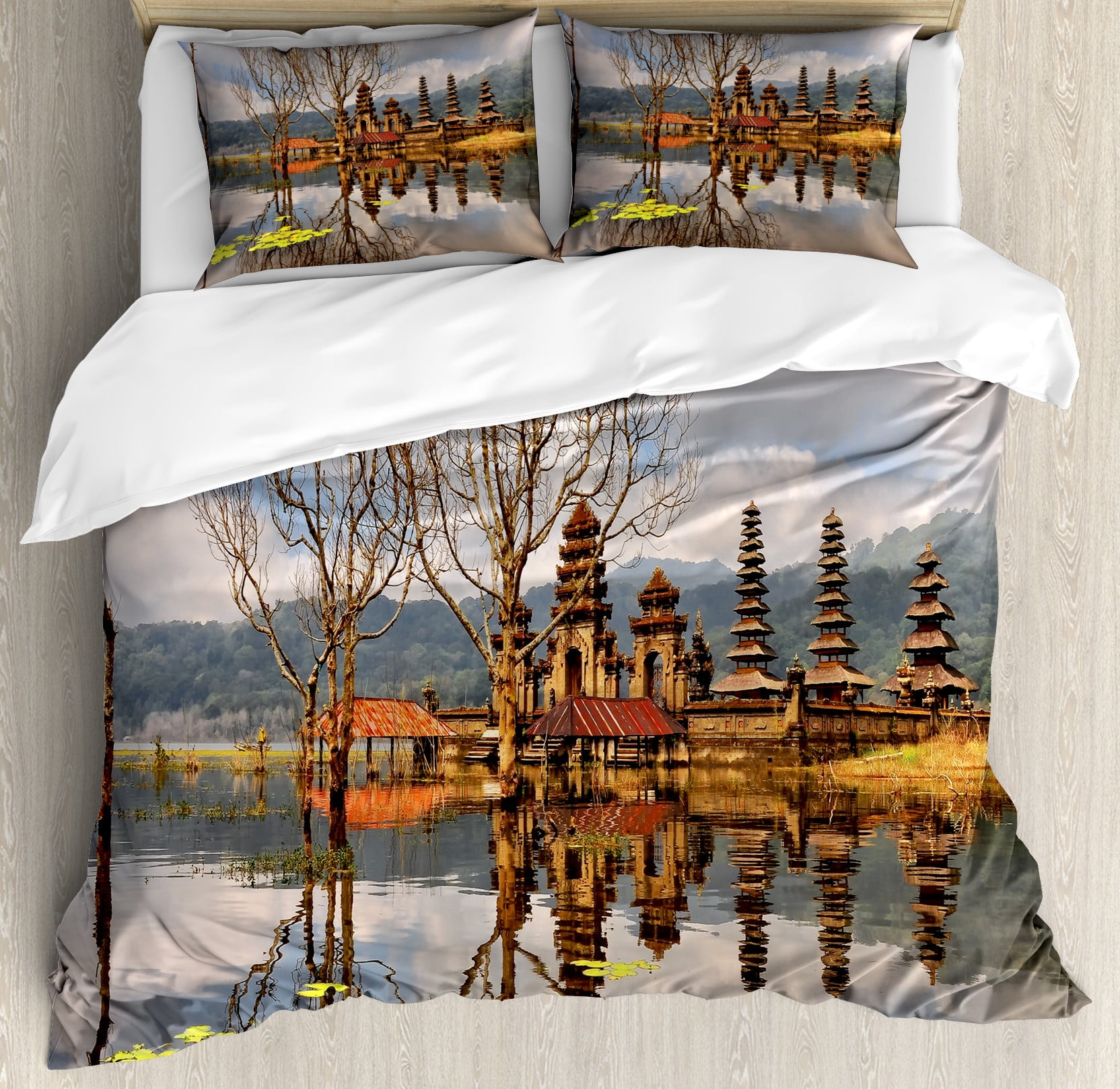 Balinese Duvet Cover Set, Forest Trees Building Cloudy Sky Reflection ...