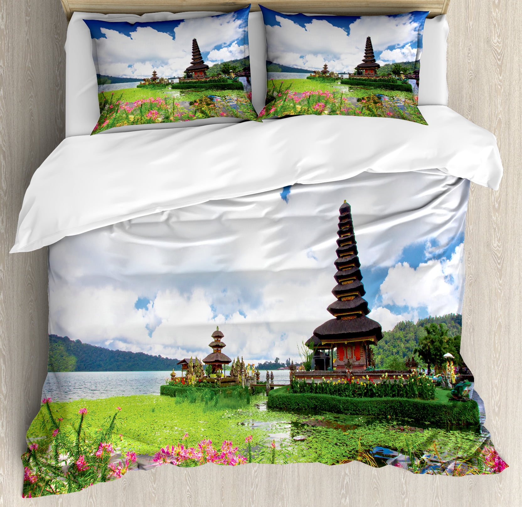 Balinese Duvet Cover Set, Pura Ulun Danu Building Bali Tropic Flowers ...