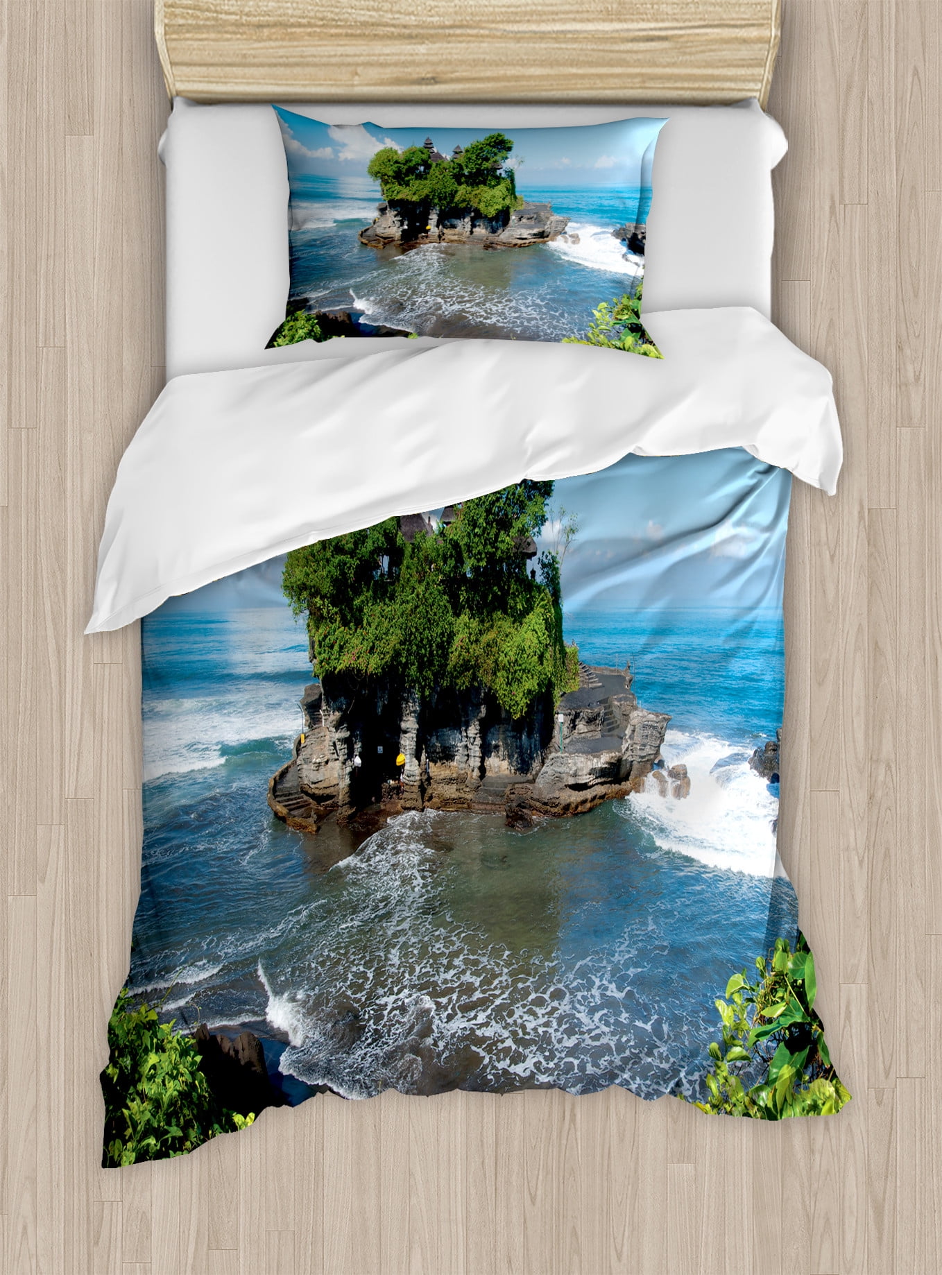 Balinese Duvet Cover Set, Tanah Lot Building Bali Island Wavy Ocean ...