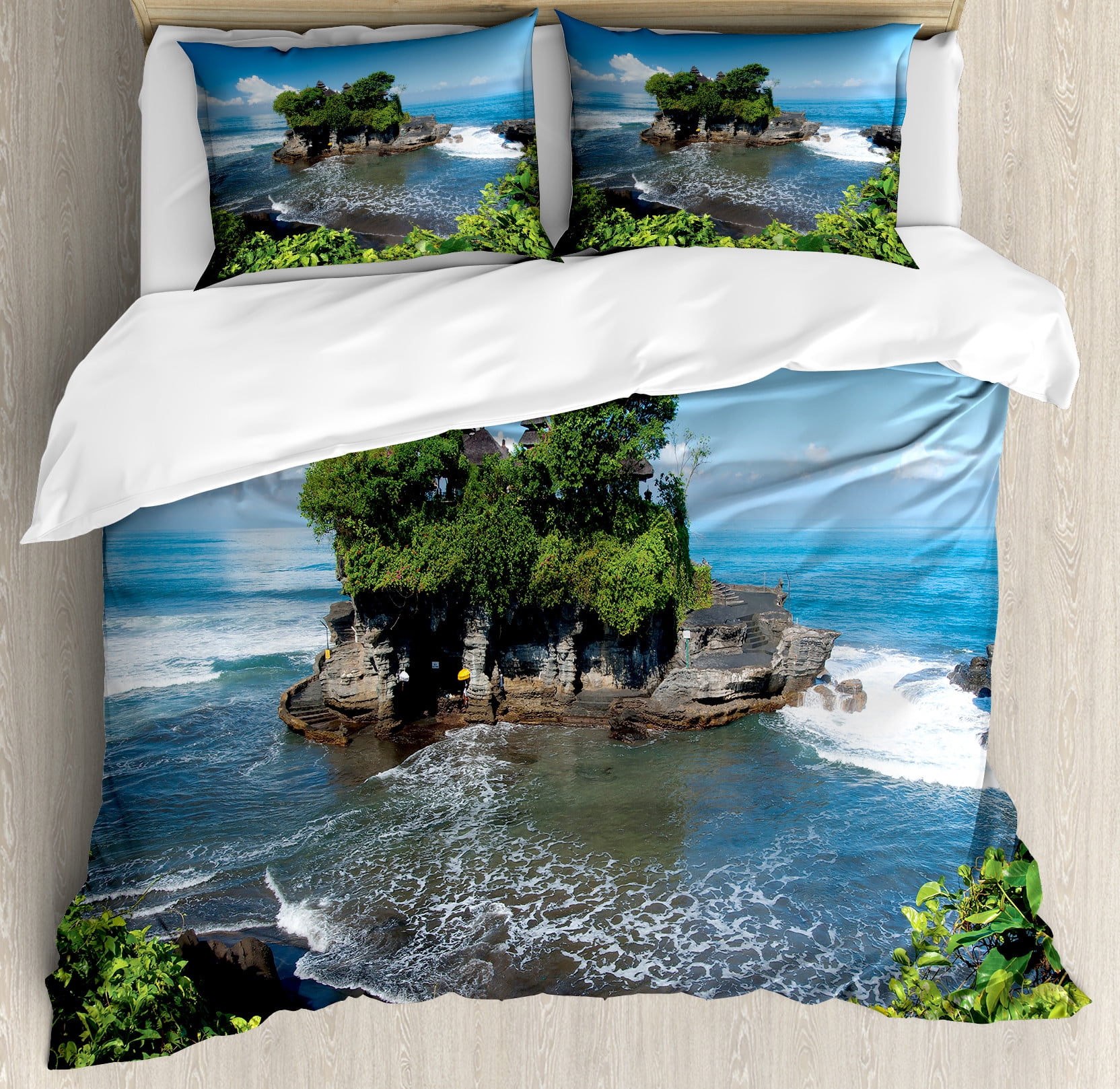 Balinese Duvet Cover Set, Tanah Lot Building Bali Island Wavy Ocean ...
