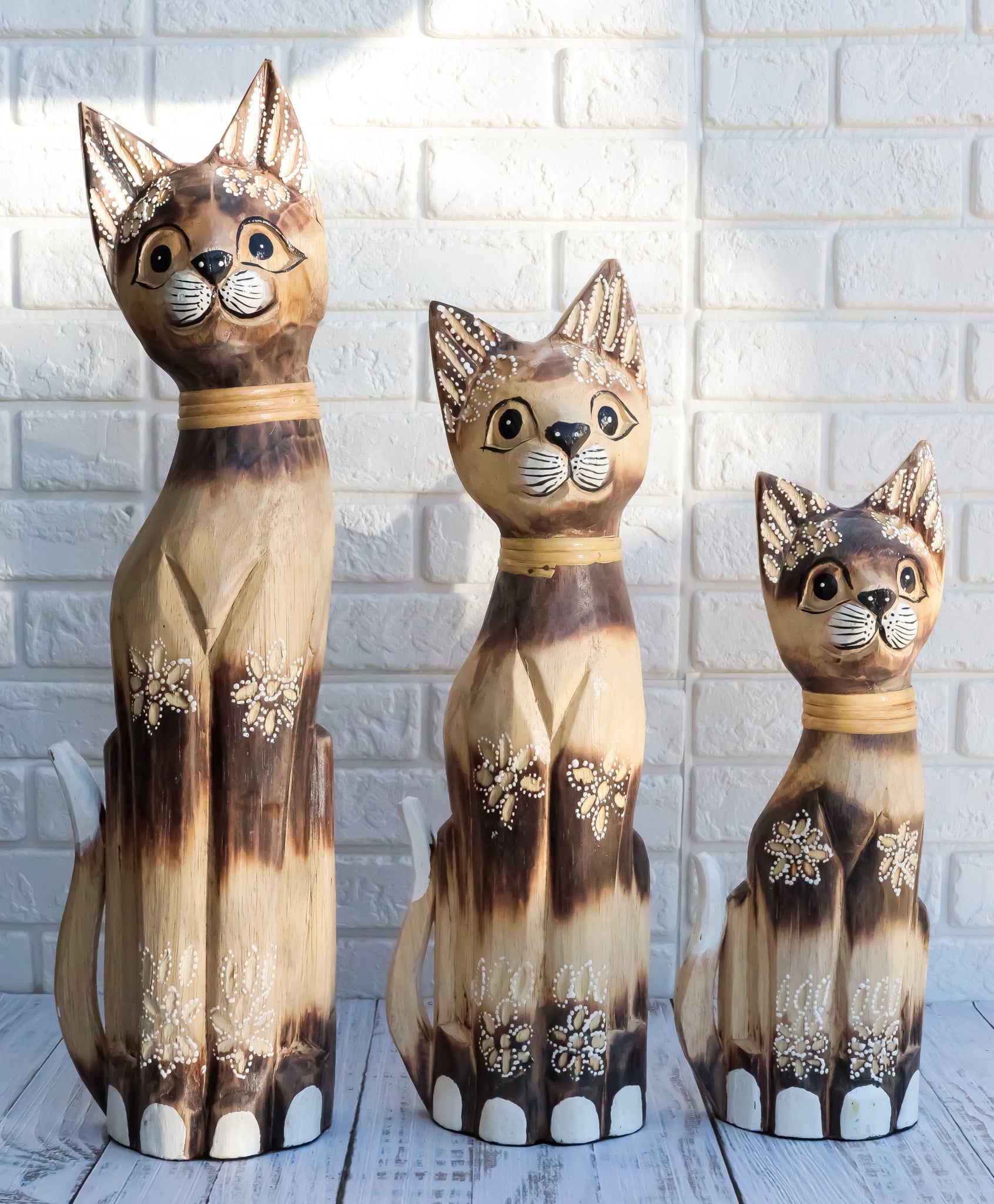 Balinese Wood Handicraft Striped Feline Cat Family Set of 3 Figurines ...