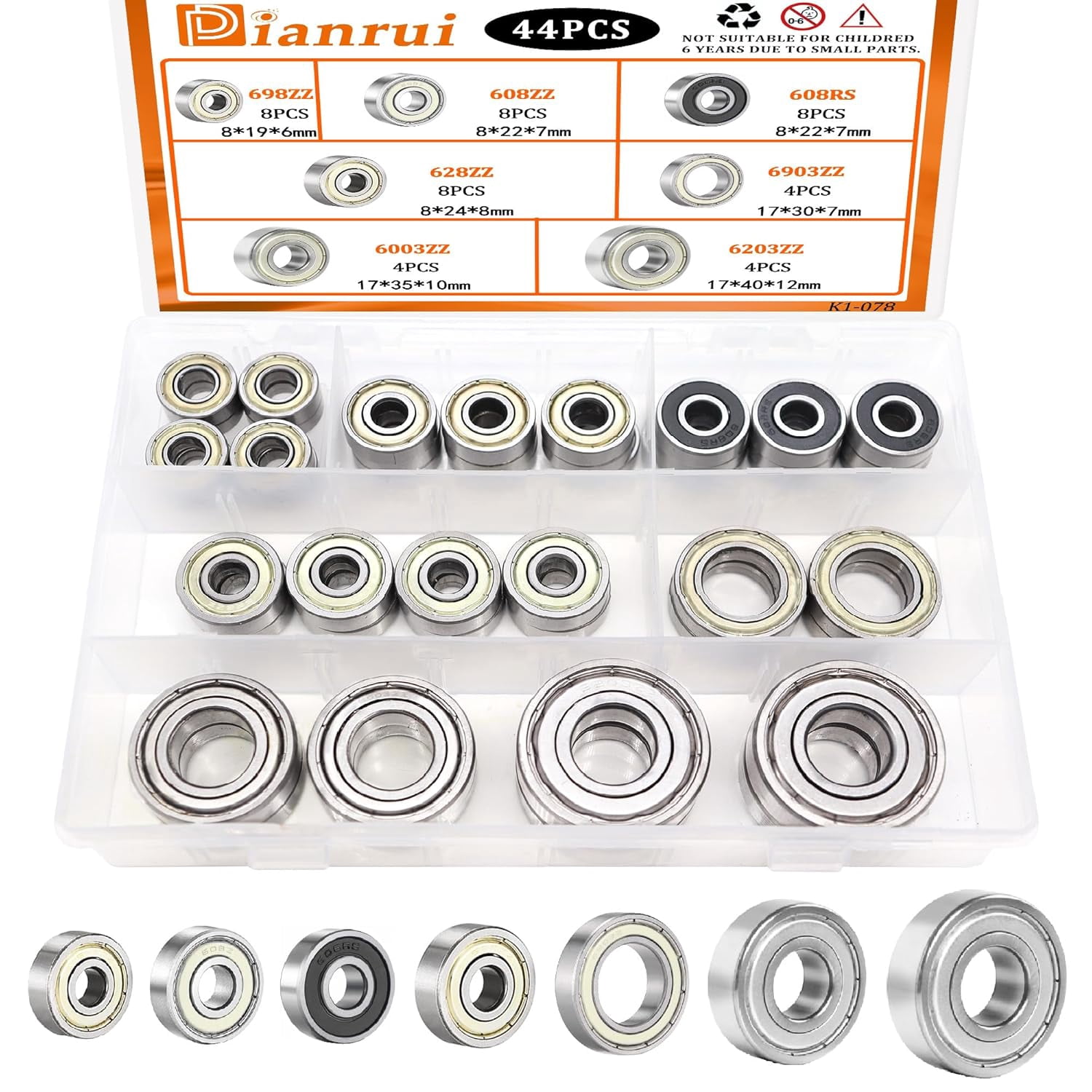 Ball Bearings Assortment Kit 44 PCS-608RS/ 608ZZ/ 698ZZ/ 628ZZ/ 6903ZZ ...