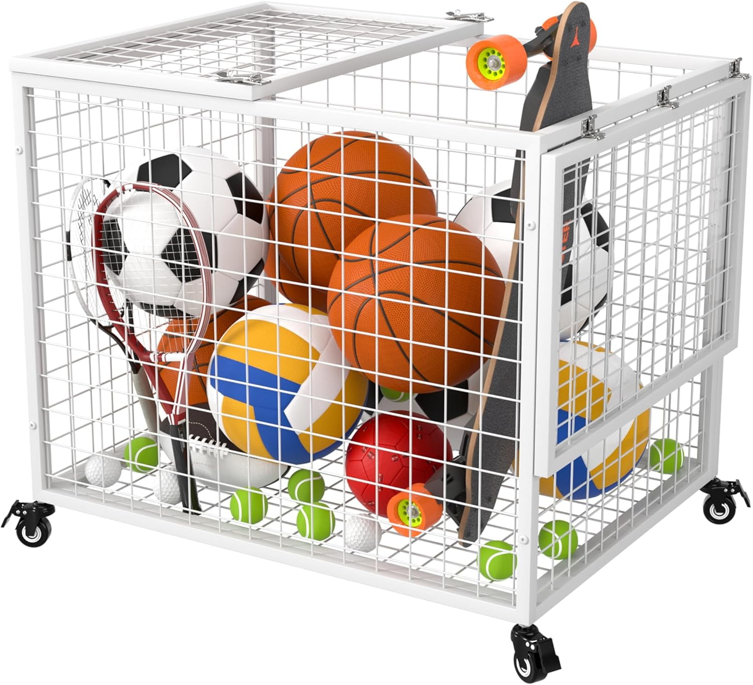 Ball Cart Garage Sports Equipment Basketball Organizer with Lockable ...