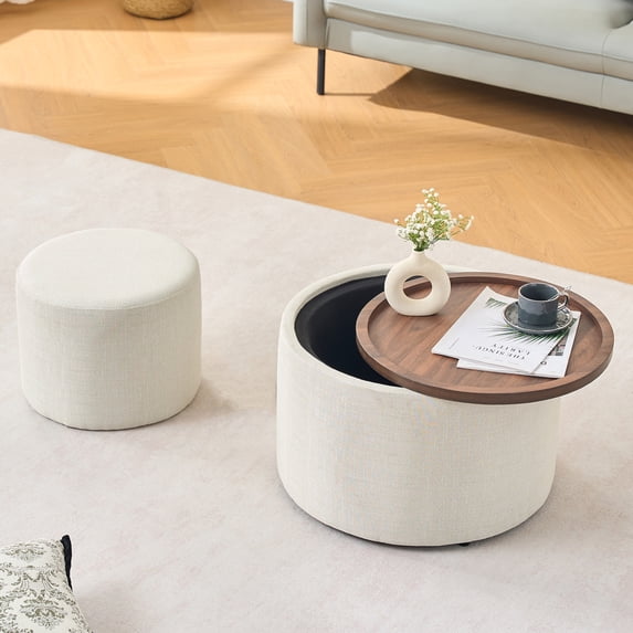 Ball & Cast Nesting Storage Ottomans of 2, Linen Upholstered Footstool ...