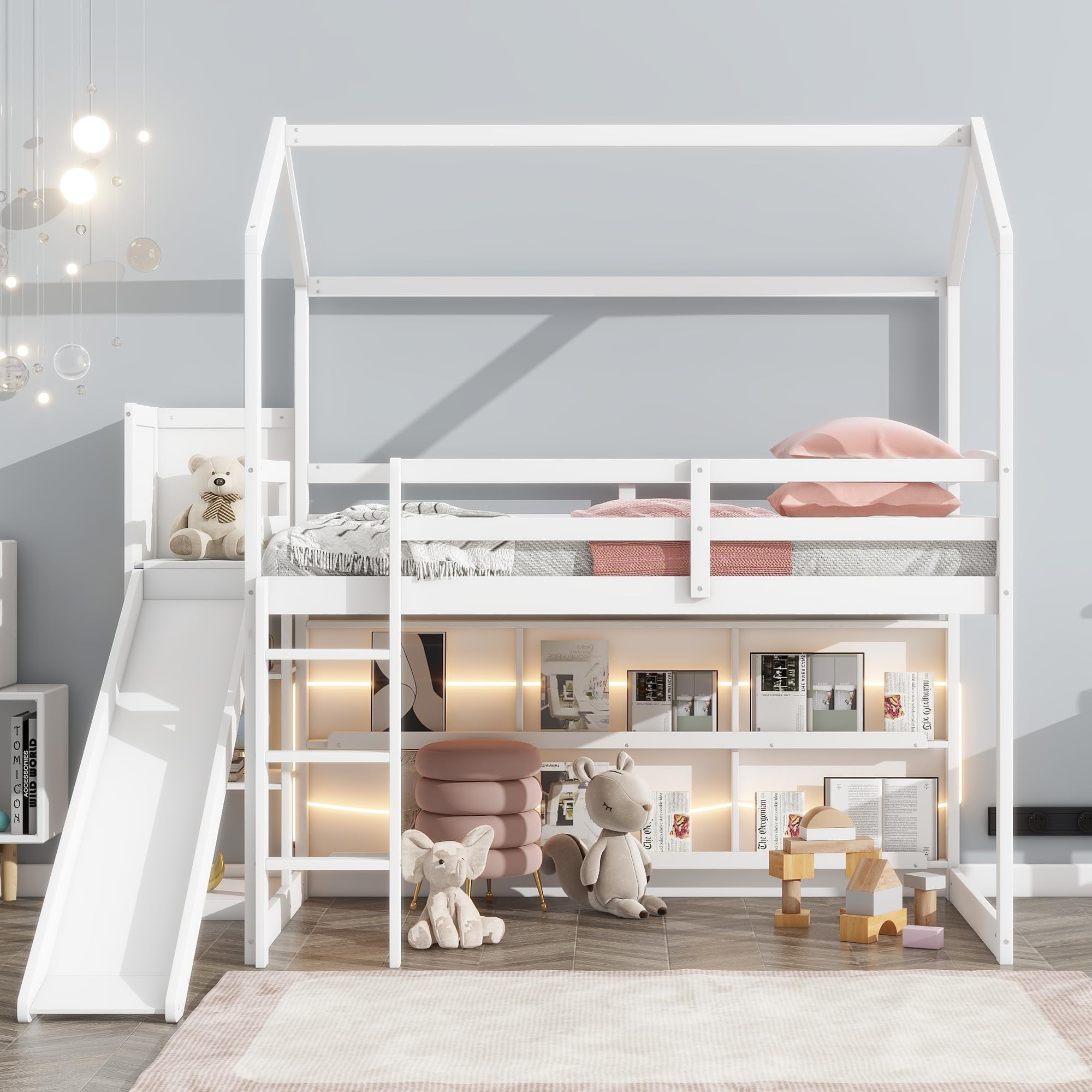 Ball & Cast Twin Size Wood House Loft Bed with Slide and Storage ...