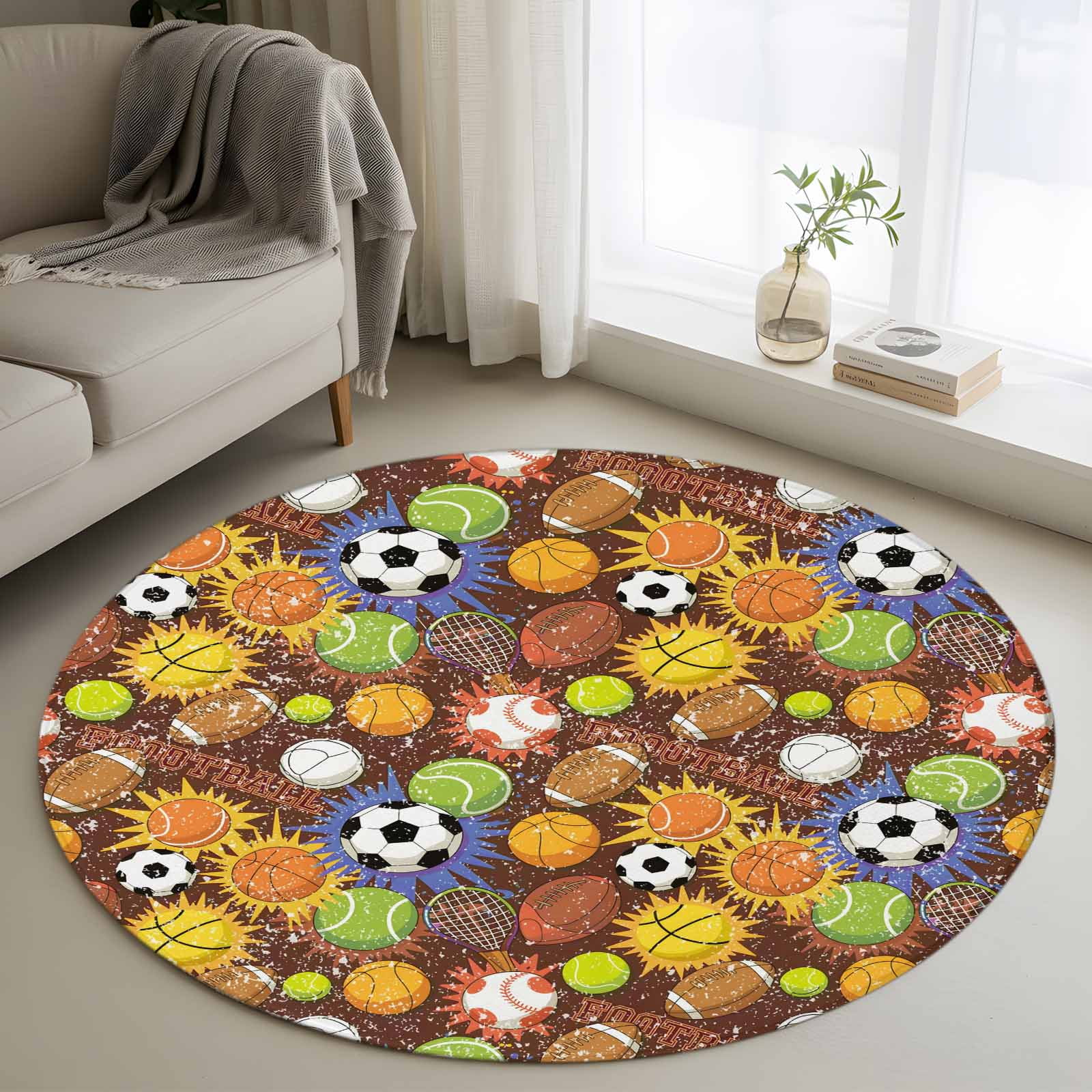 Ball Games Round Rug 3ft Washable Circle Entryway Rugs Non Slip Colored ...