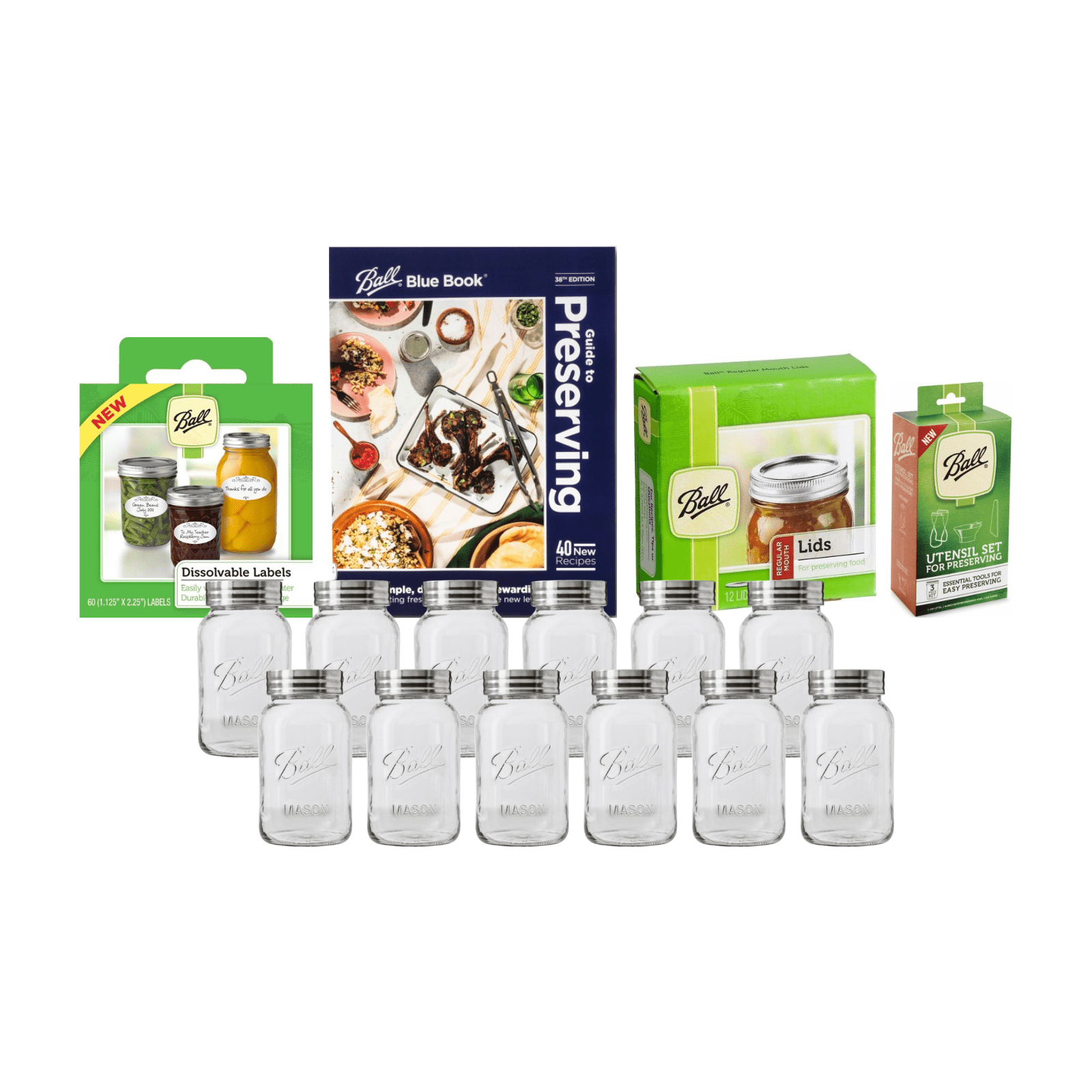 Ball Glass Mason Jar Canning Starter Kit, Regular Mouth, Quart Size, 32 ...