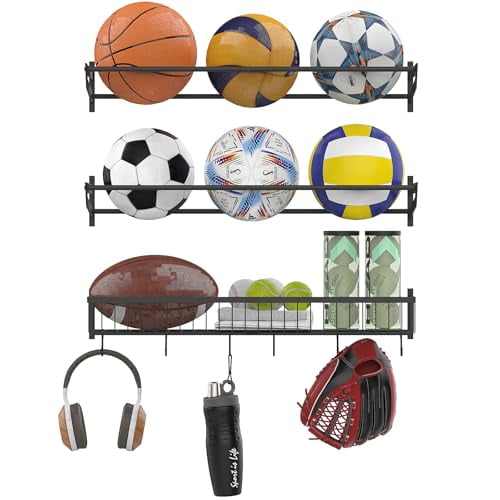 Ball Metal Black Holder Wall Mount Sports Organizer with 3 Tier Shelf ...