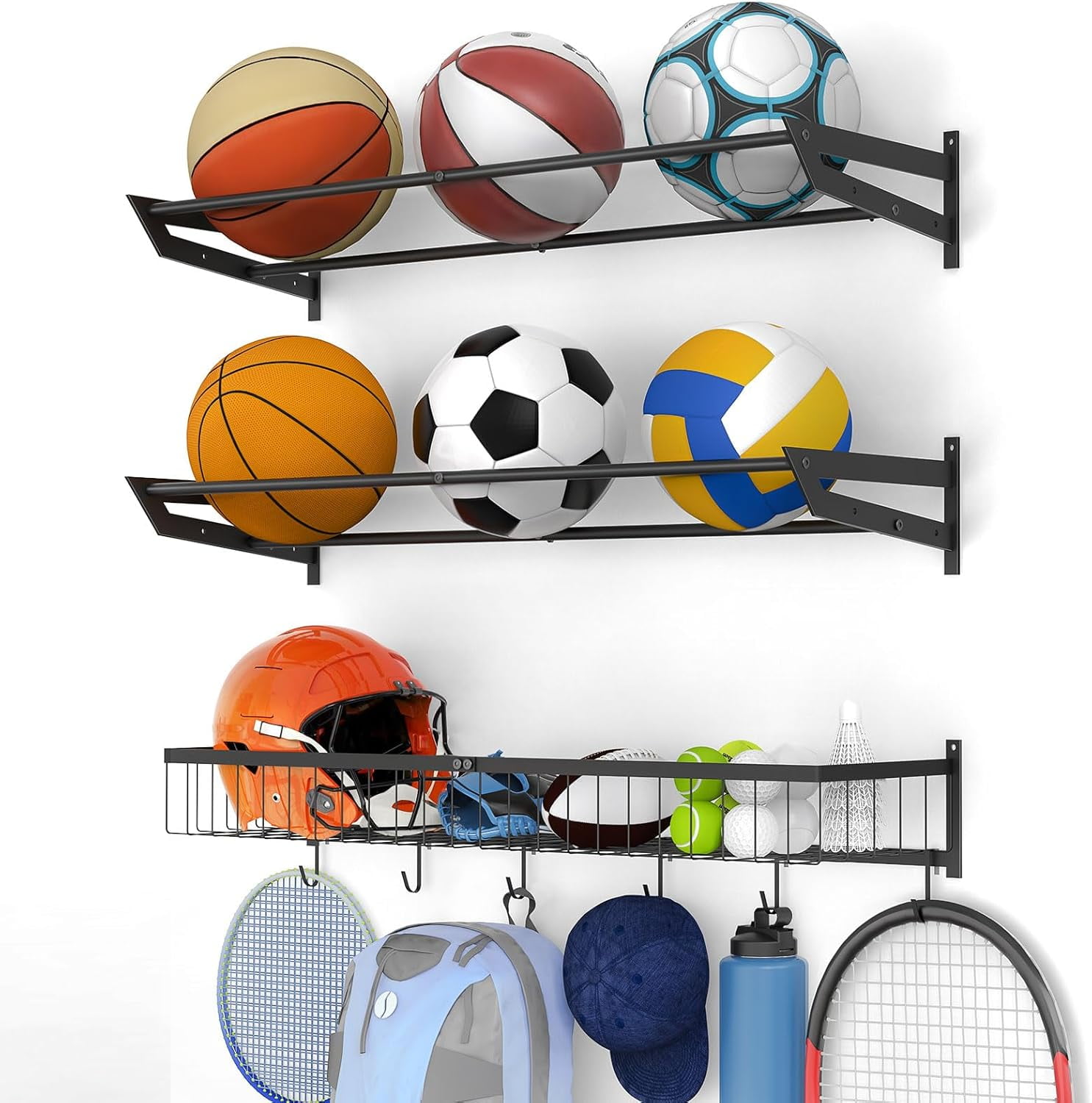 Ball Metal Holder Wall Mount Sports Organizer with 3-Tier Shelf ...